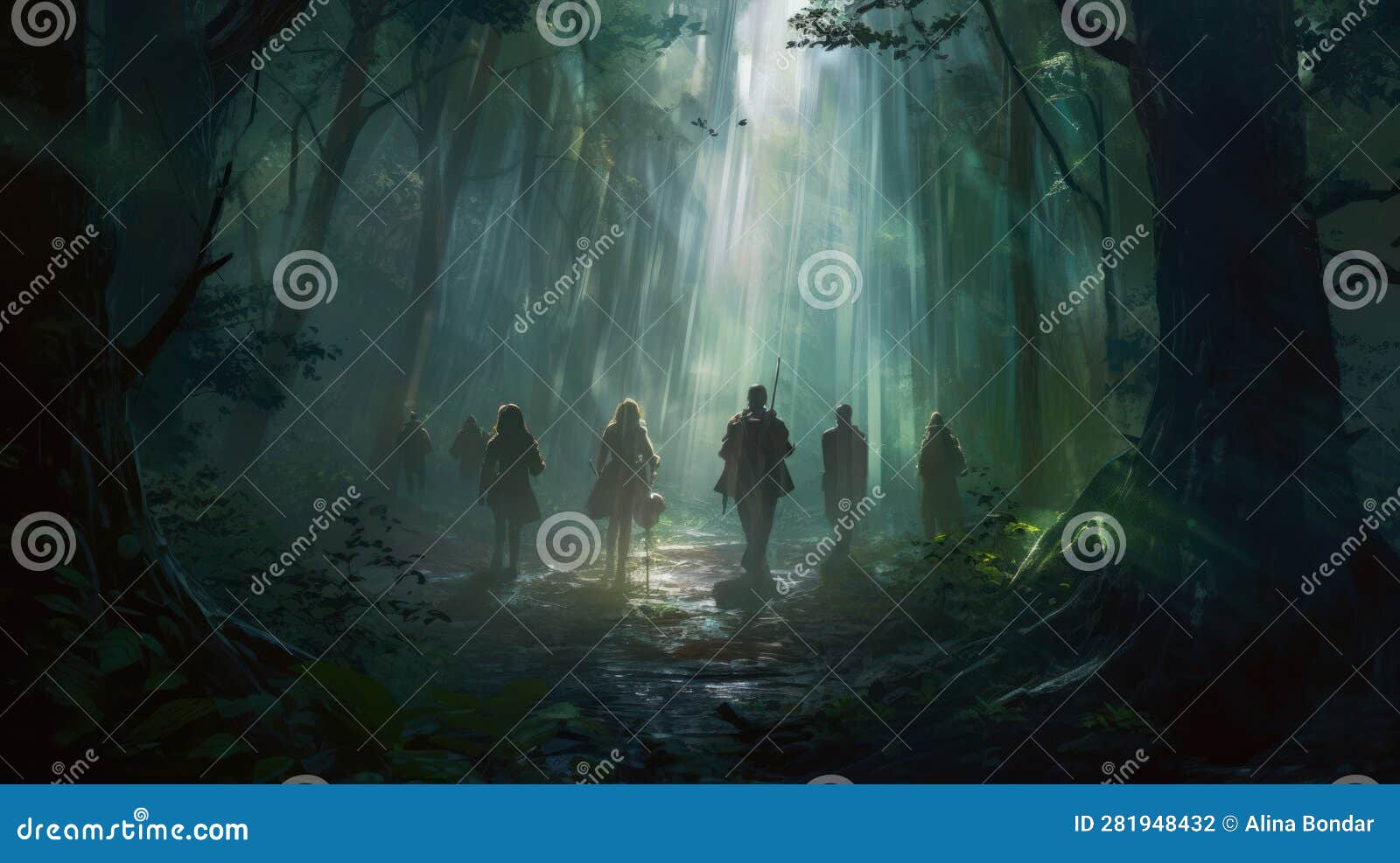 A Group of Adventurers Wandering among Beams of Light in an Enchanted ...