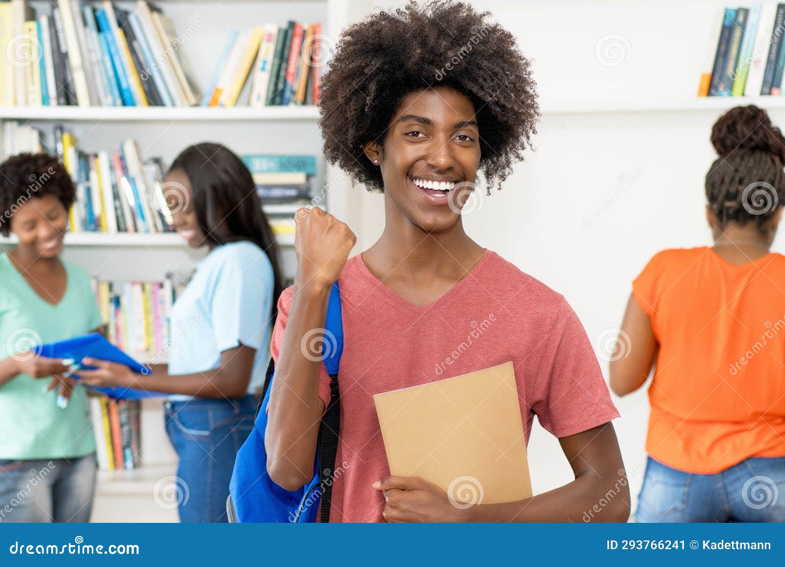 Group of African American Students at Library with Cheering Black Male ...