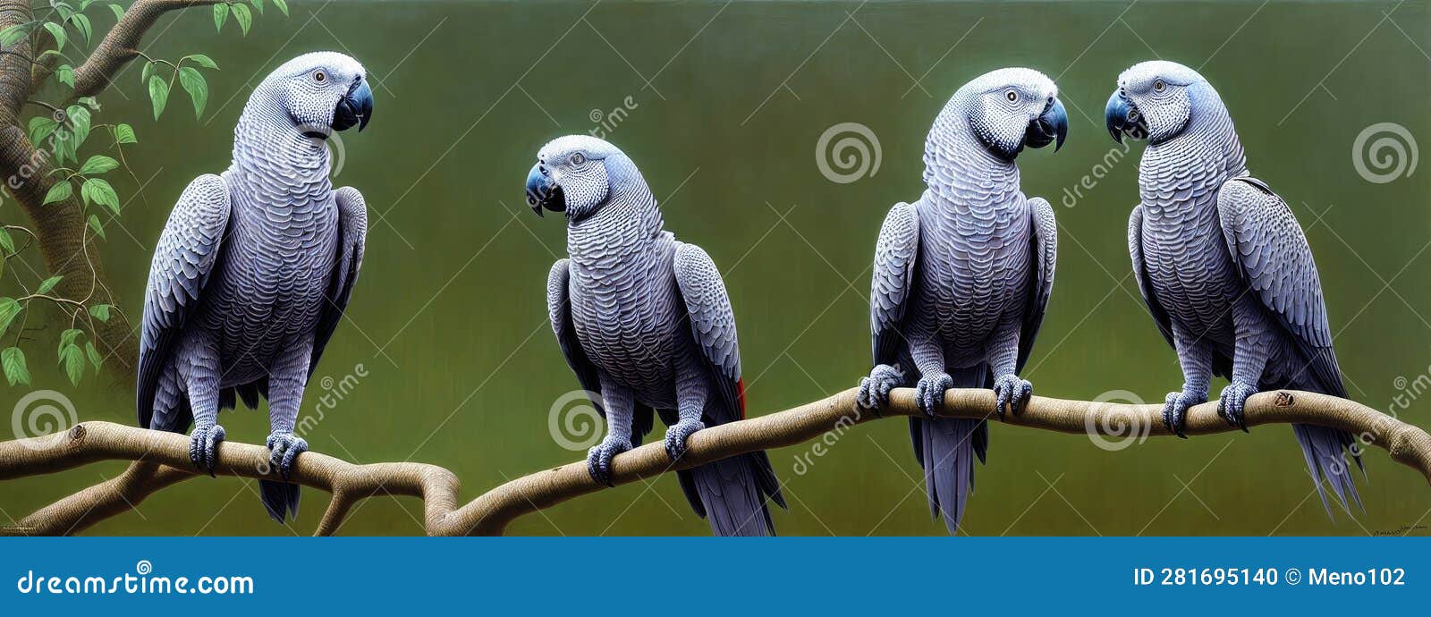 A Group of African Grey Parrots Sitting on Top of a Tree Branch Stock Illustration ...