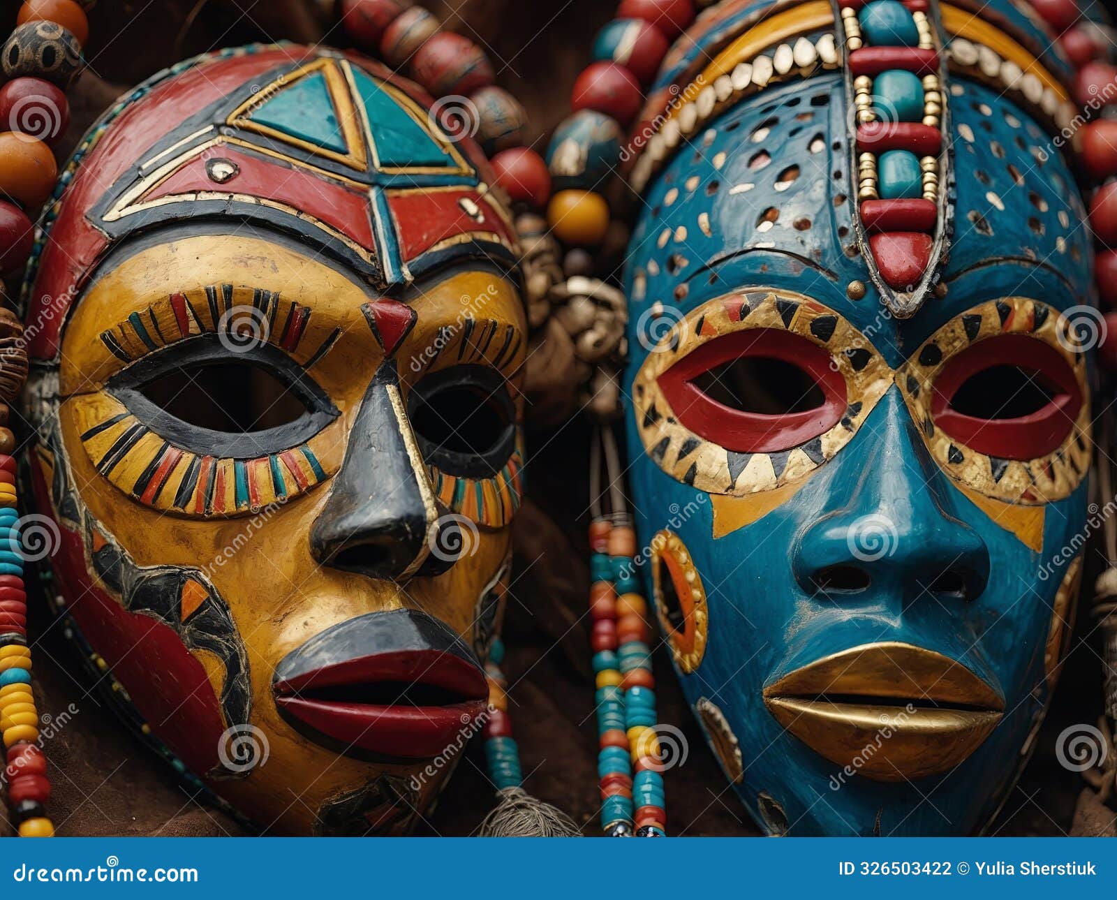 A Group of African Masks with Colorful Designs and Beads. Stock ...