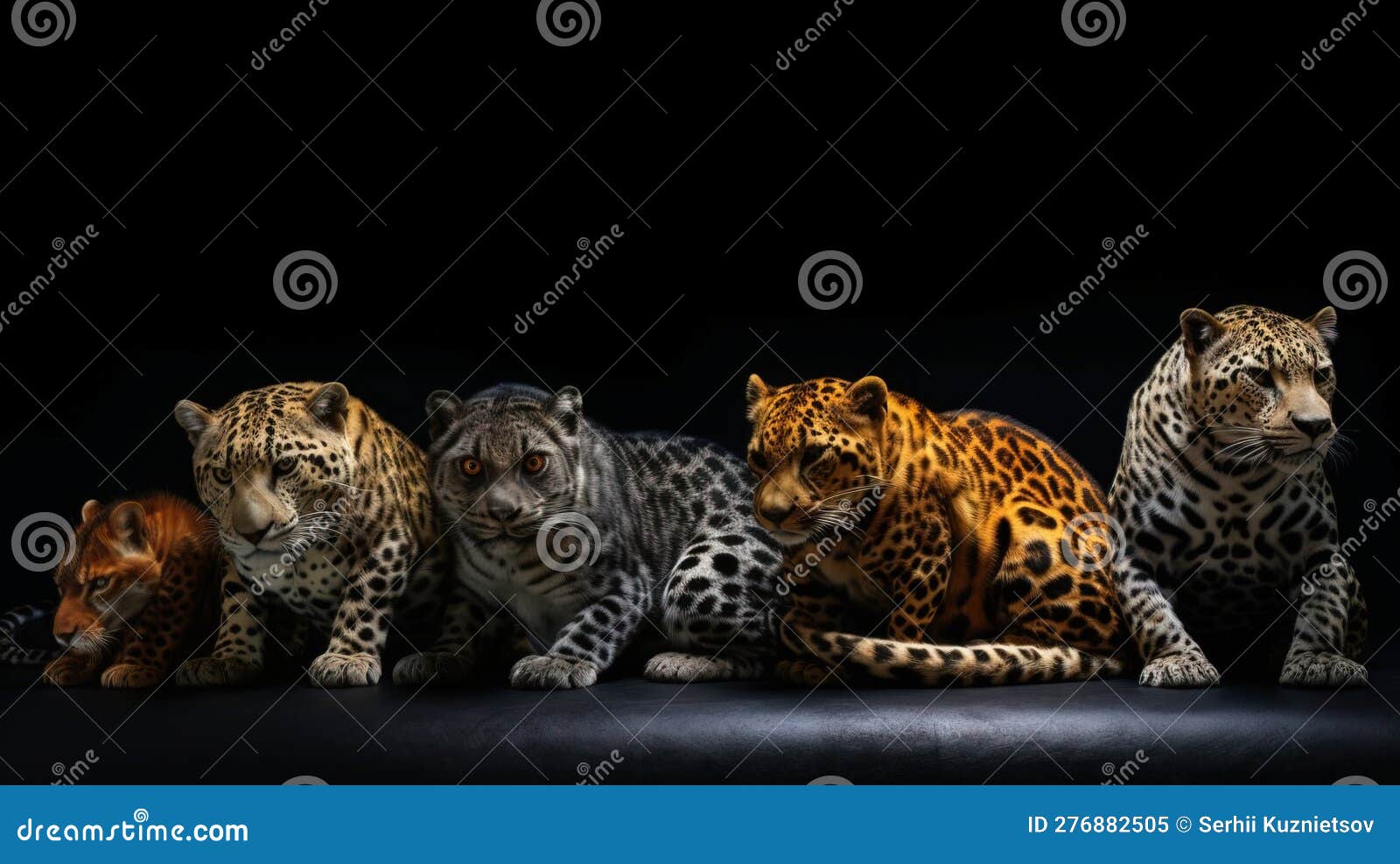 A Group of African Predators Leopards Lie, Black Background, Isolate ...