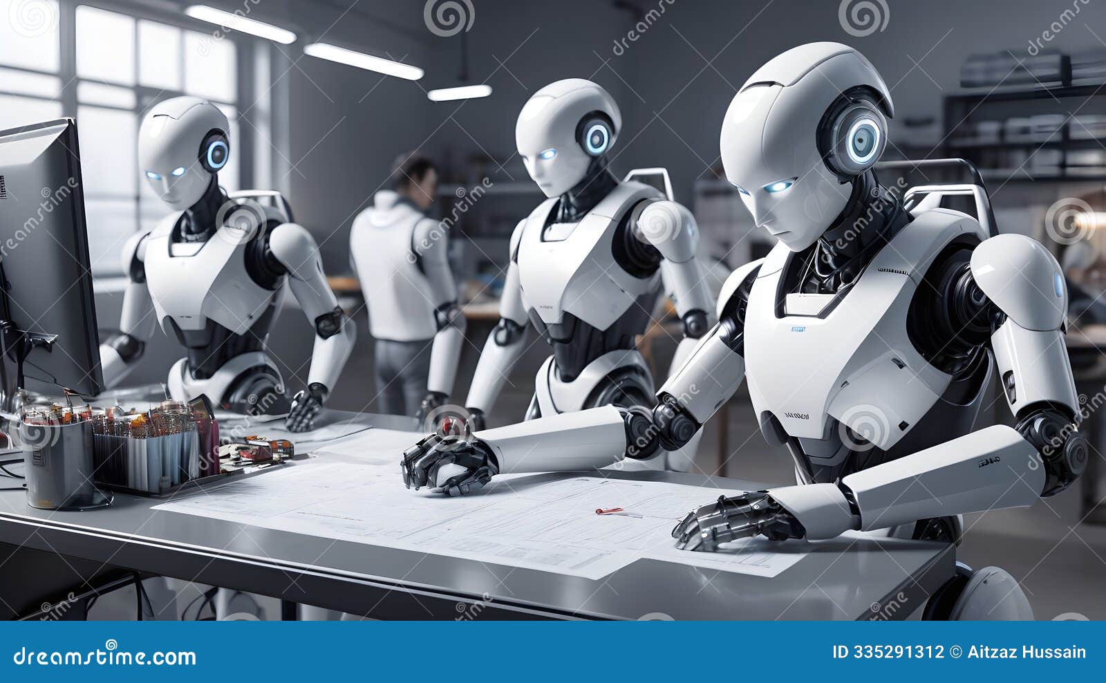 A Group of AI Robotic Engineers Working on a Humanoid Robot Stock ...