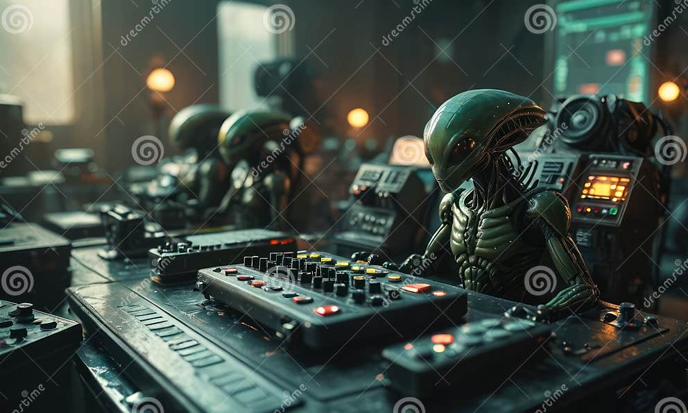 A Group of Alien Robots are Sitting at a Table with a Music Control ...