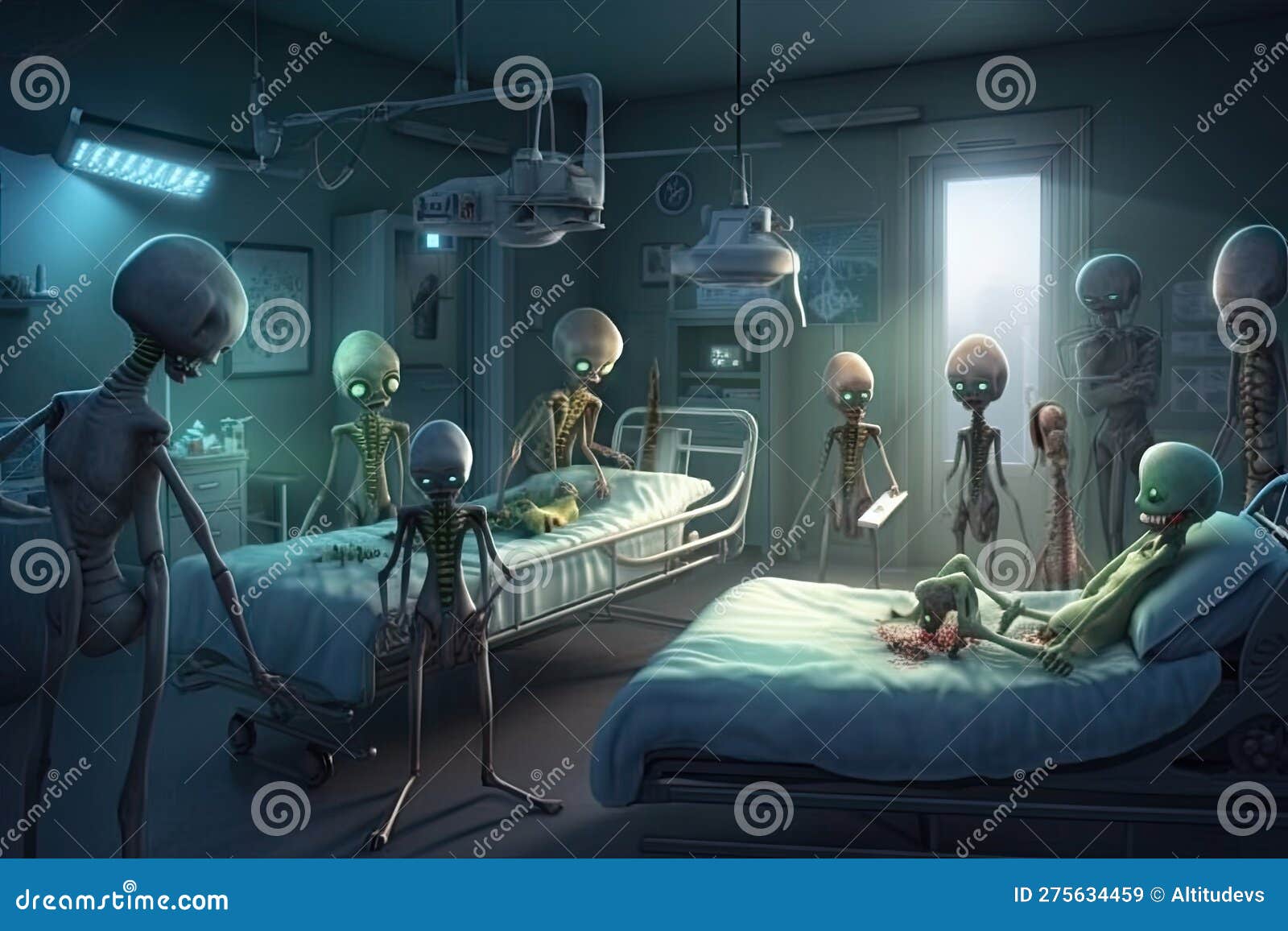A Group of Aliens Working in a Hospital, Caring for Sick Patients Stock ...