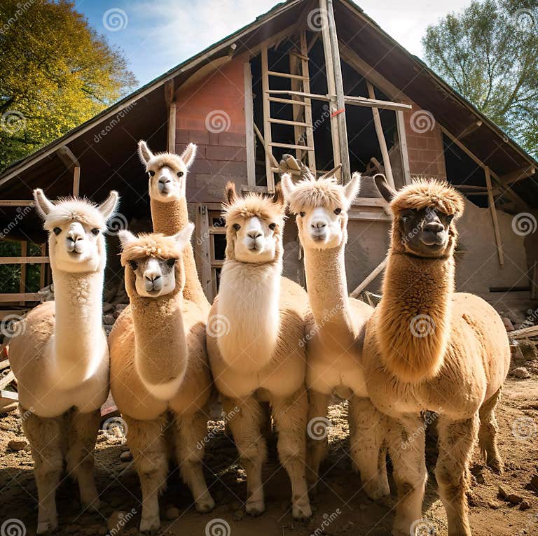 A Group of Alpacas Standing in Front of the Building Stock Photo ...