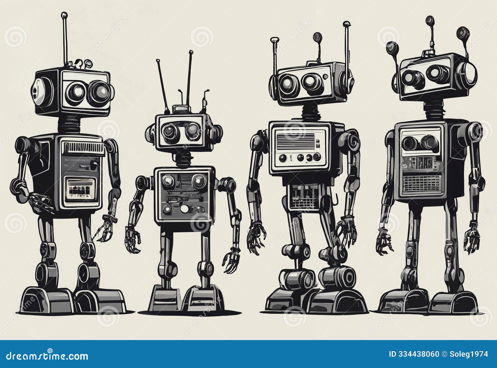 A Group of Analog Robots in Retro Style Stock Illustration ...