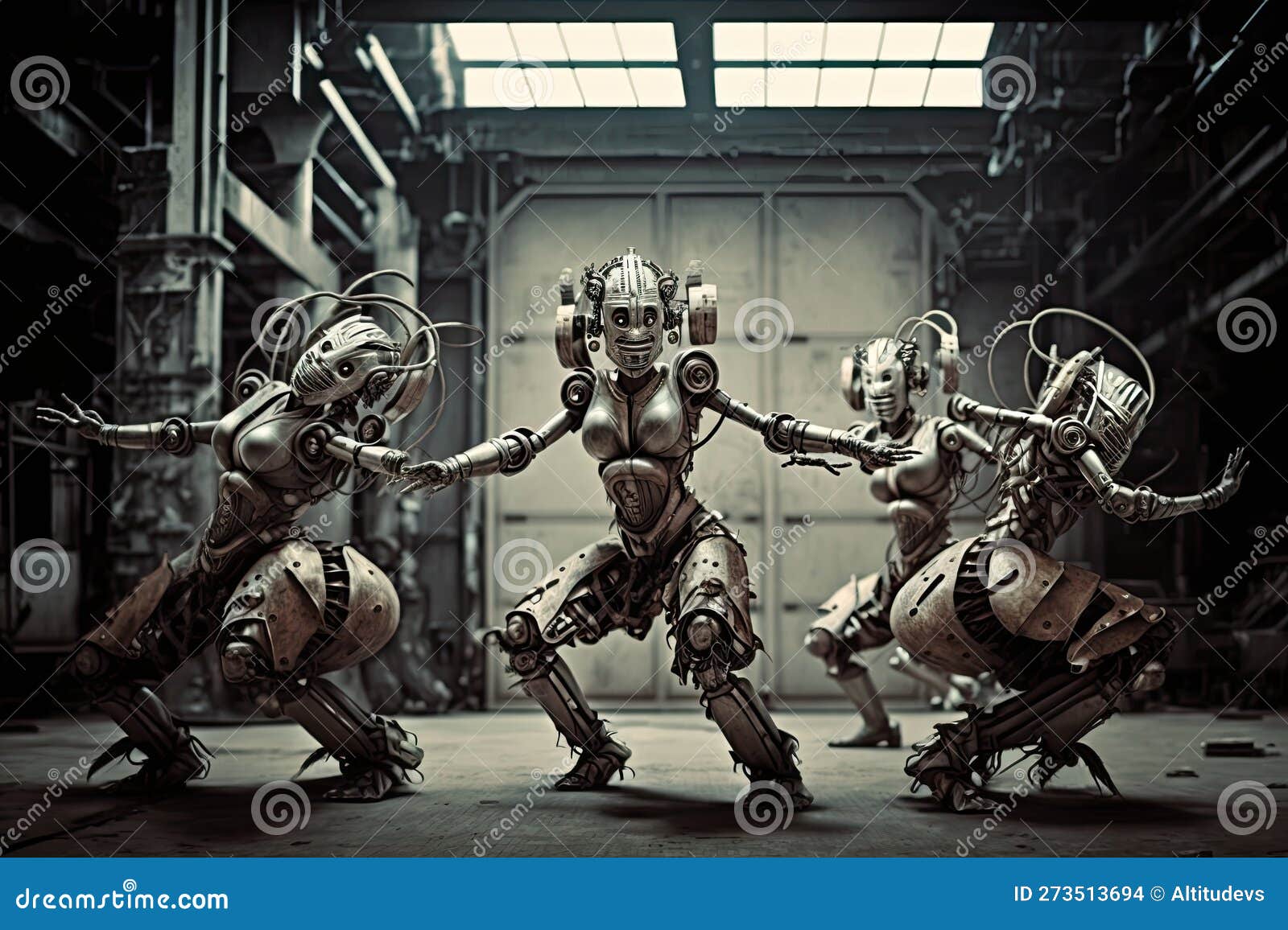 A Group of Androids Performing a Complex Dance Routine in an Industrial ...