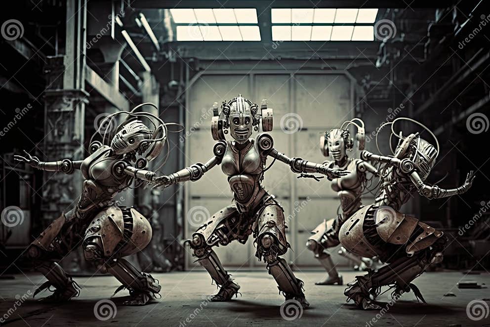 A Group of Androids Performing a Complex Dance Routine in an Industrial ...
