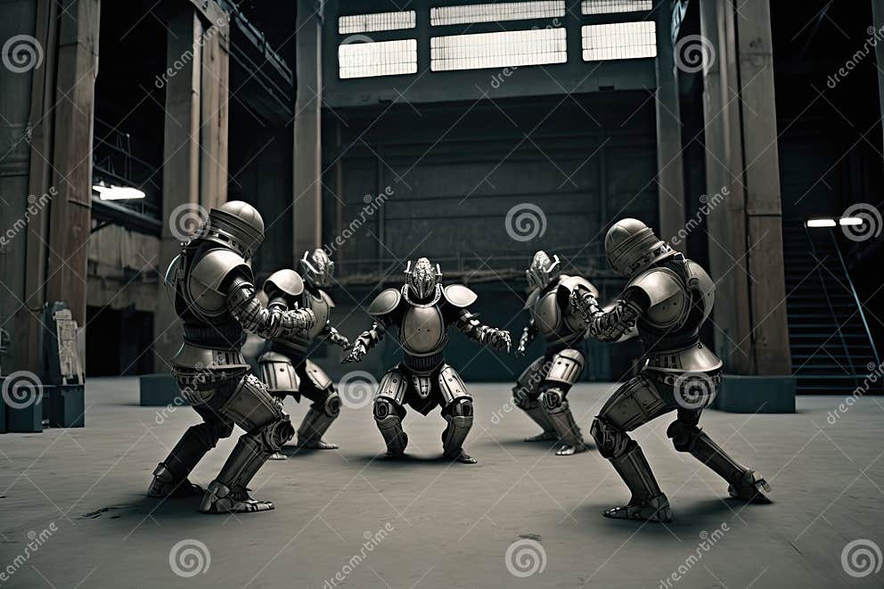 A Group of Androids Performing a Complex Dance Routine in an Industrial ...