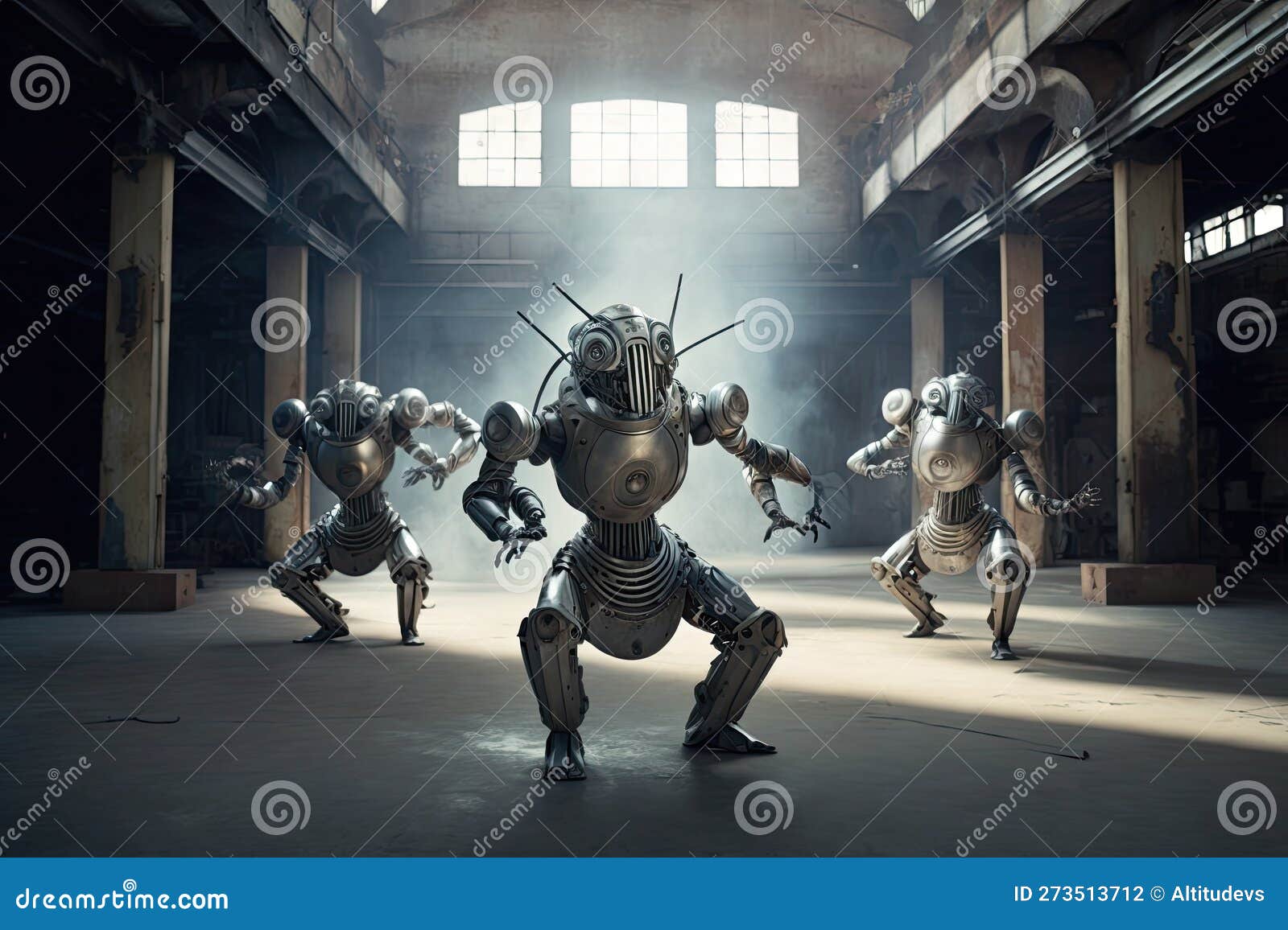 A Group of Androids Performing a Complex Dance Routine in an Industrial ...