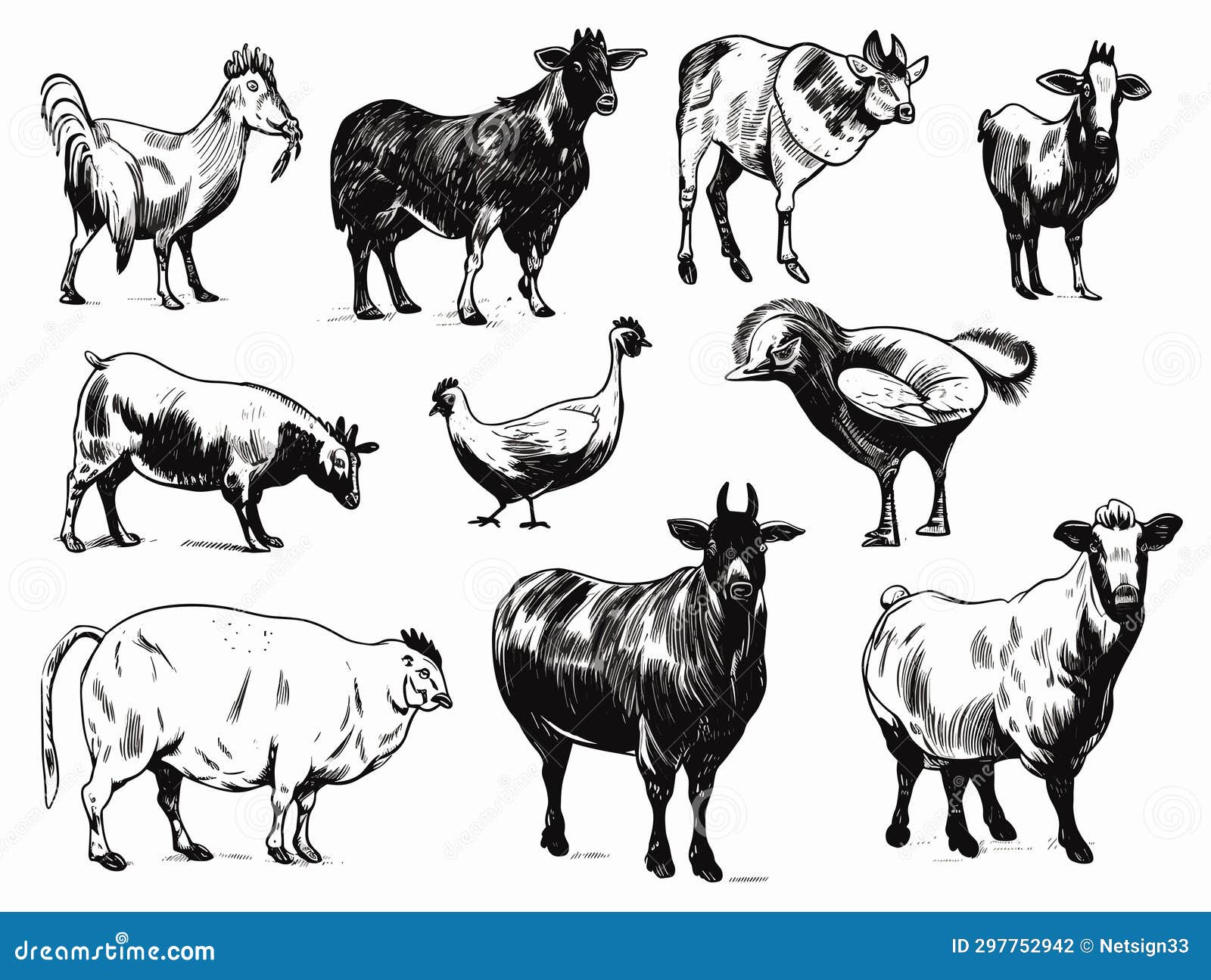 A Group of Animals in Black and White - Set of Vector Drawings of Farm ...