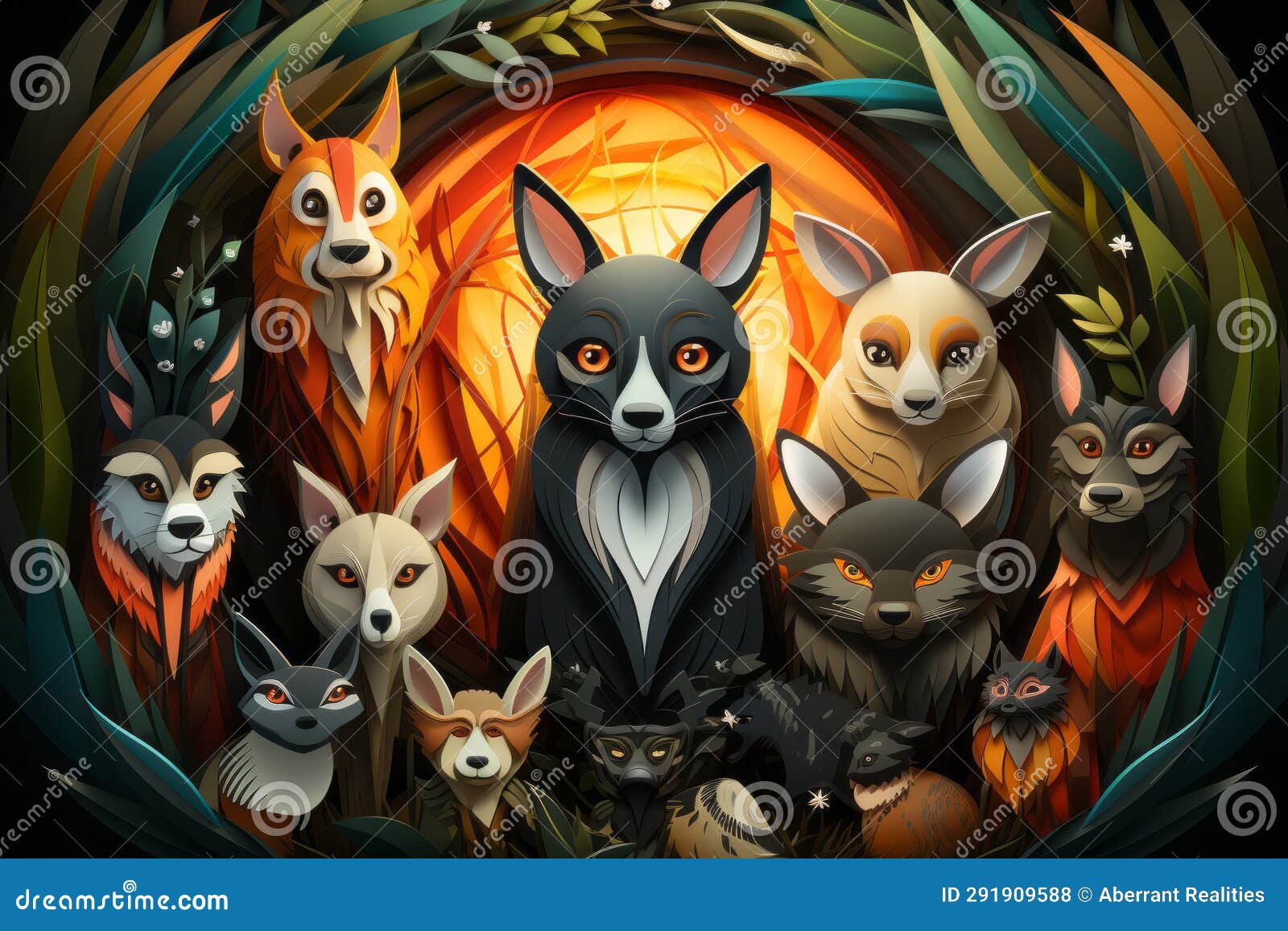 A Group of Animals in a Circle with the Sun in the Background Stock ...