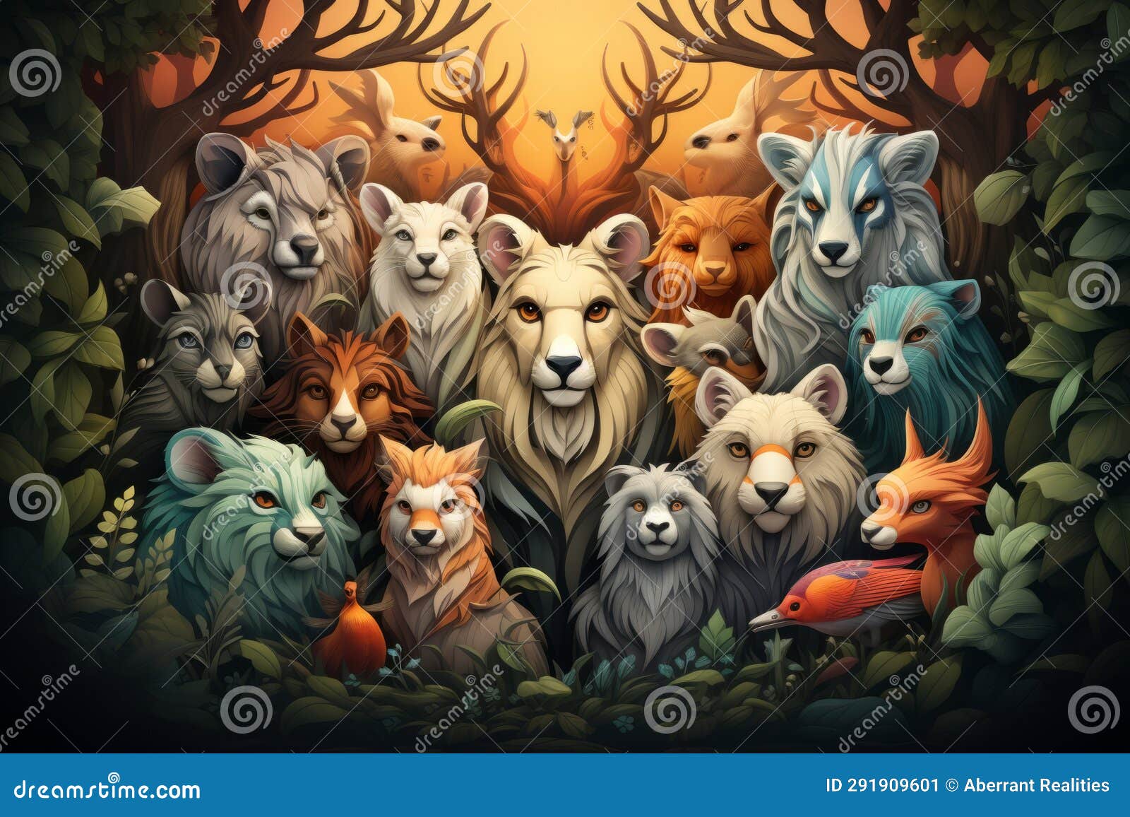 A Group of Animals in the Forest with the Sun in the Background Stock ...