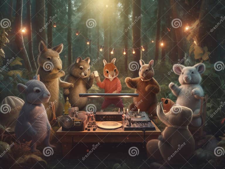 A Group of Animals Sitting Around a Table in the Woods. Generative AI ...