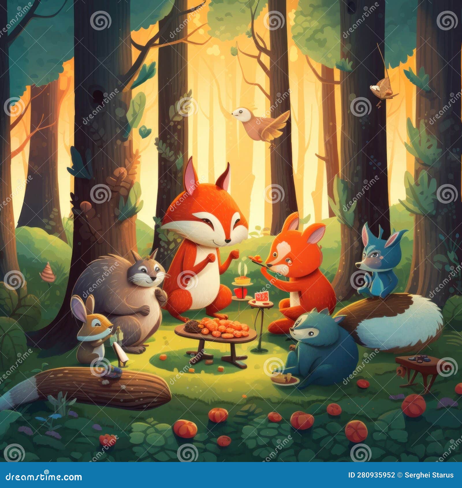 A Group of Animals Sitting Around a Table in the Woods. Generative AI ...