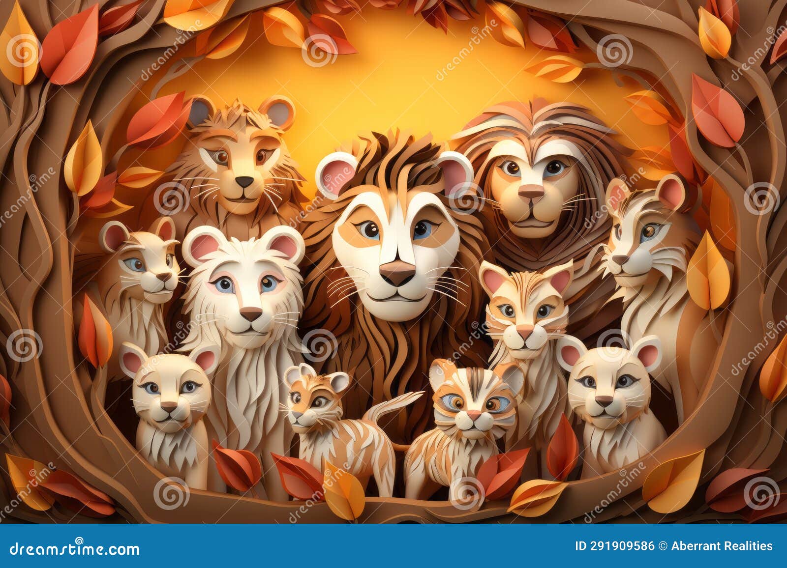 A Group of Animals in a Tree with Autumn Leaves Stock Illustration ...