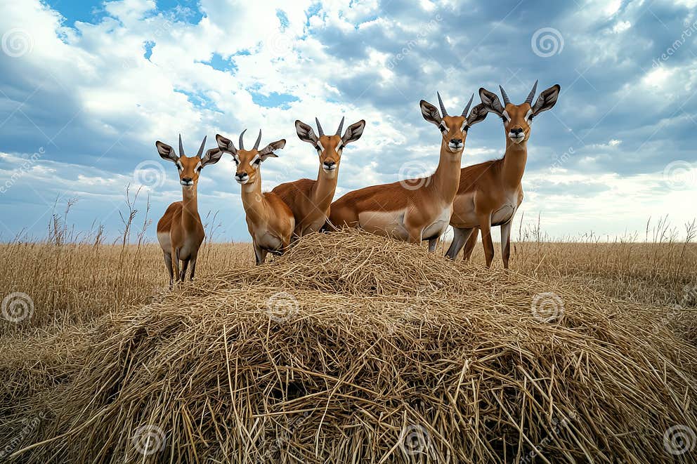 Group of Antelope are Standing in a Field of Tall Grass. Stock Photo ...
