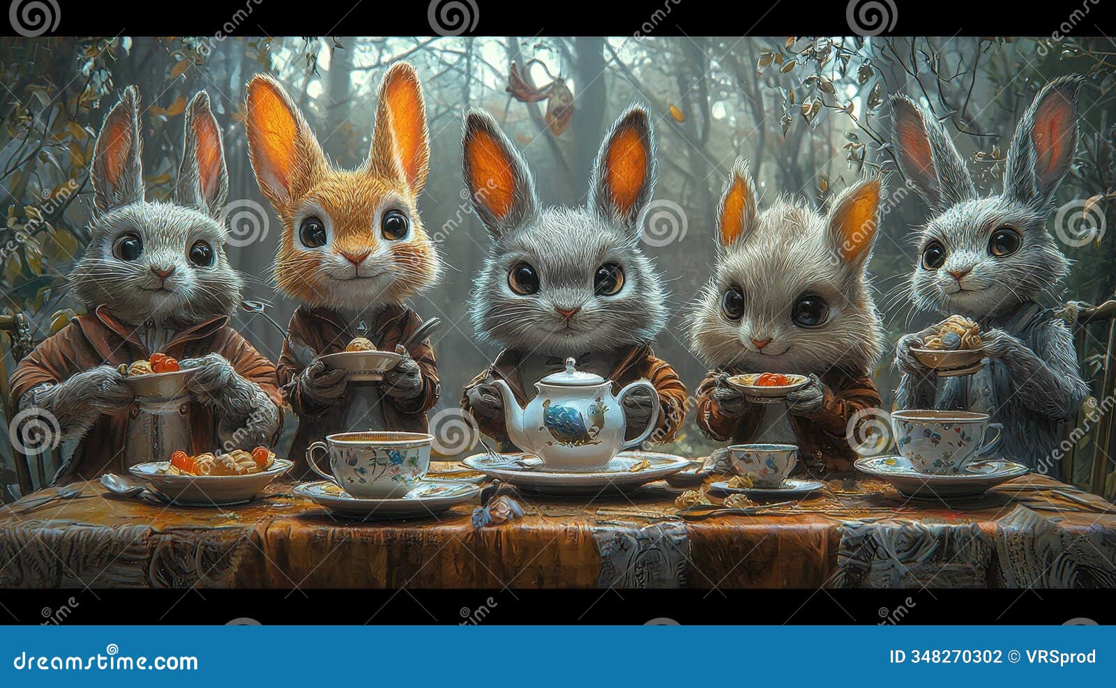 Charming Rabbits Enjoying Tea in a Whimsical Forest Setting Stock Photo ...