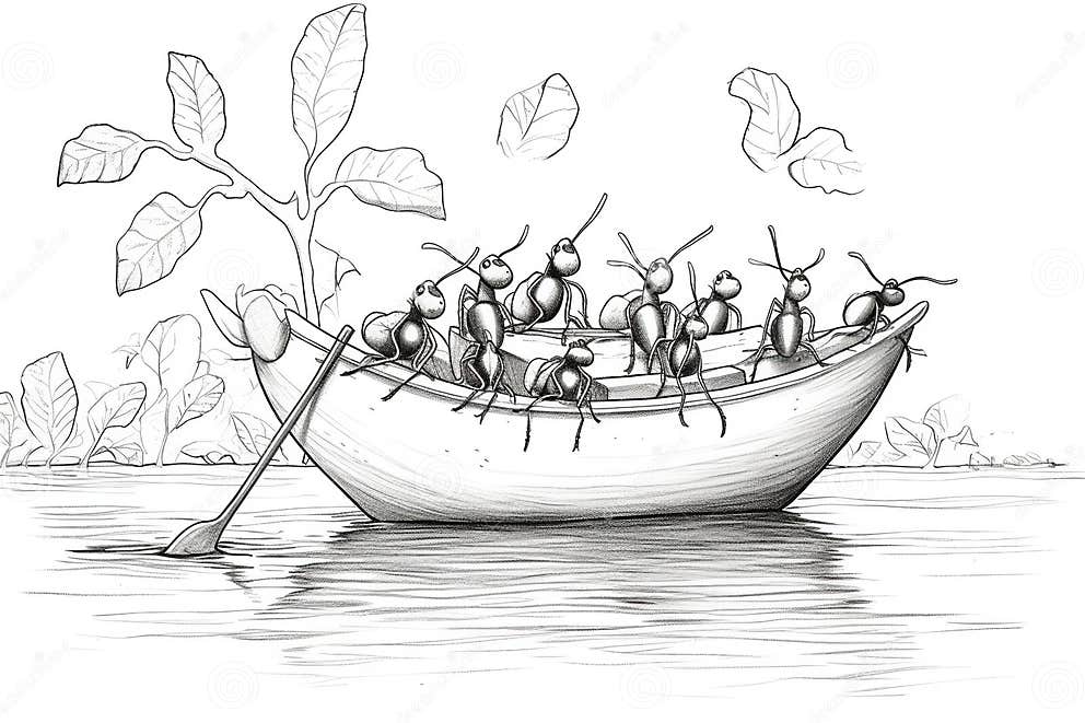 A Group of Ants Sailing on a Leaf in River on White Background ...