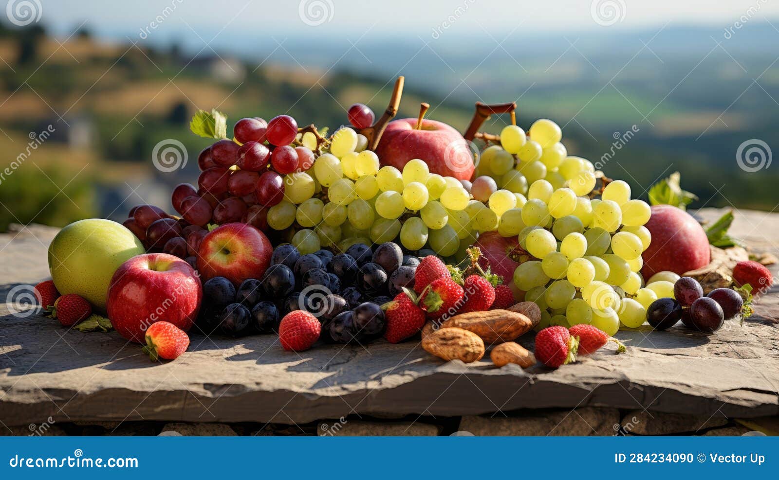 A Group of Apples and Grapes on a Rock. Generative AI. Stock Photo ...
