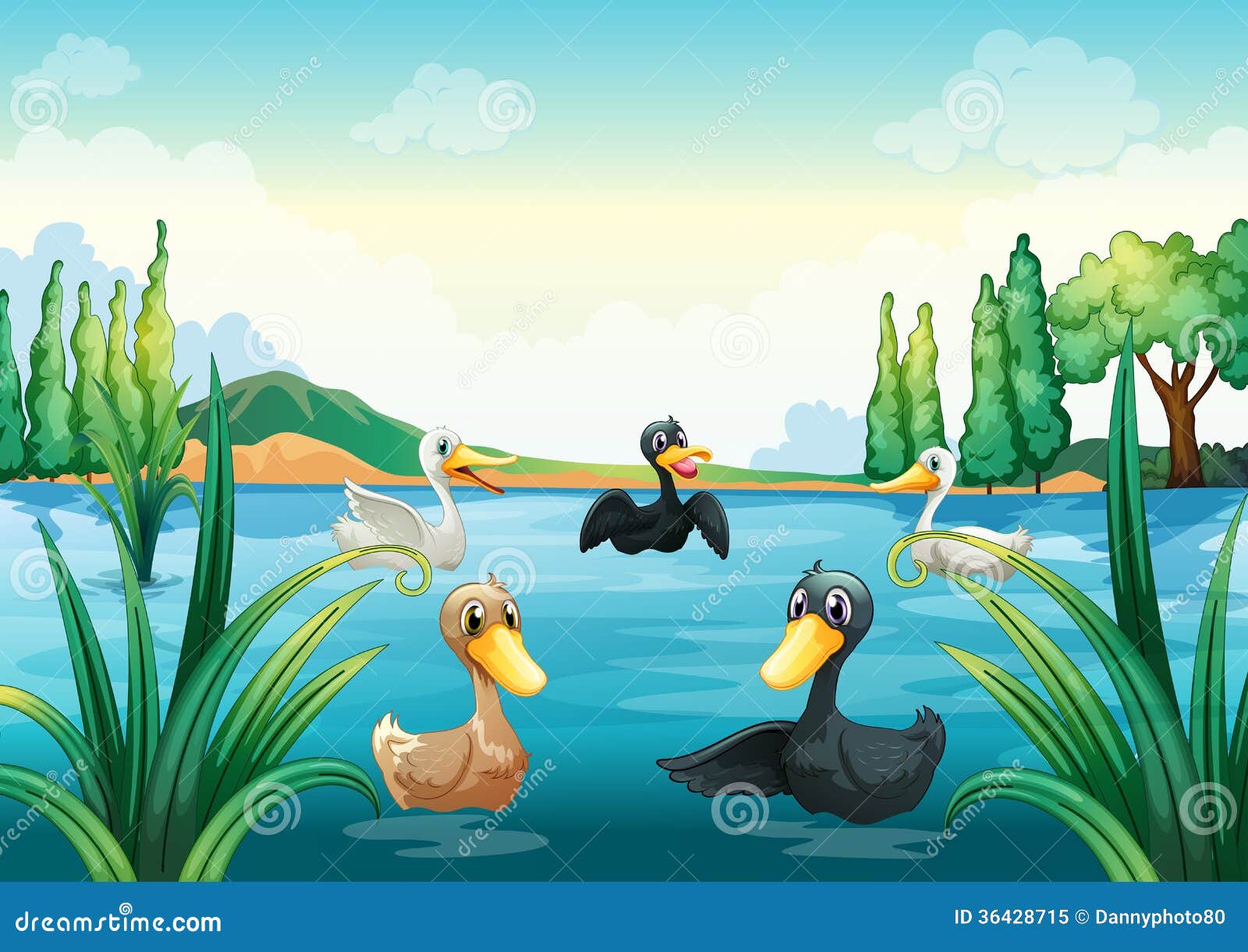 A Group of Aquatic Birds at the Pond Stock Illustration - Illustration ...