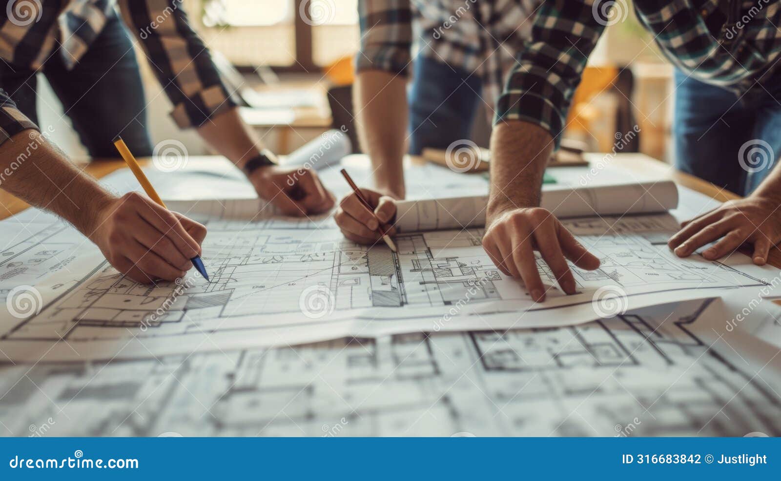 A Group of Architects Collaborating on a Home Renovation Project Poring ...