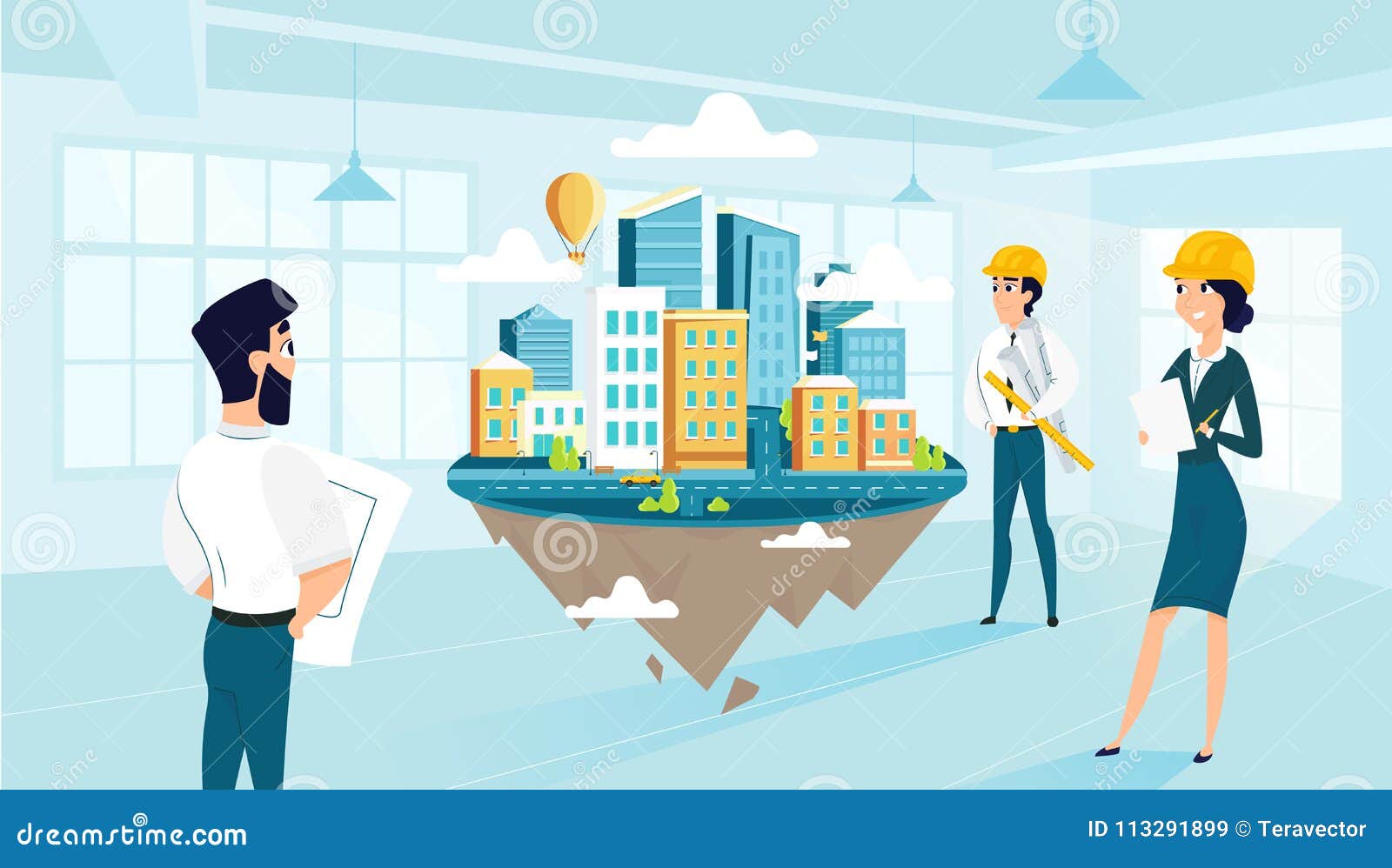 A Group Of Architects Looking A Blueprint And 3D Scaffolding With Blue ...