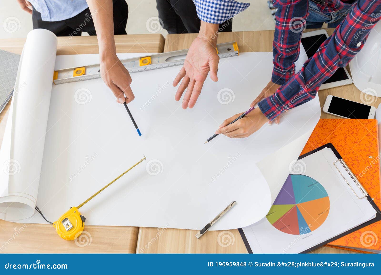 Group of Architects Working on Blank Blueprint Stock Photo - Image of ...
