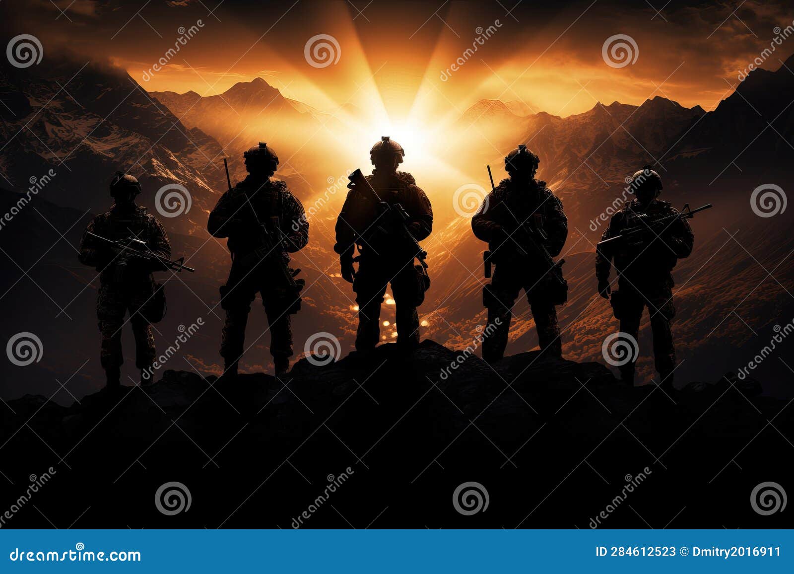 A Group of Armed Soldiers in the Light of the Setting Sun. Stock ...