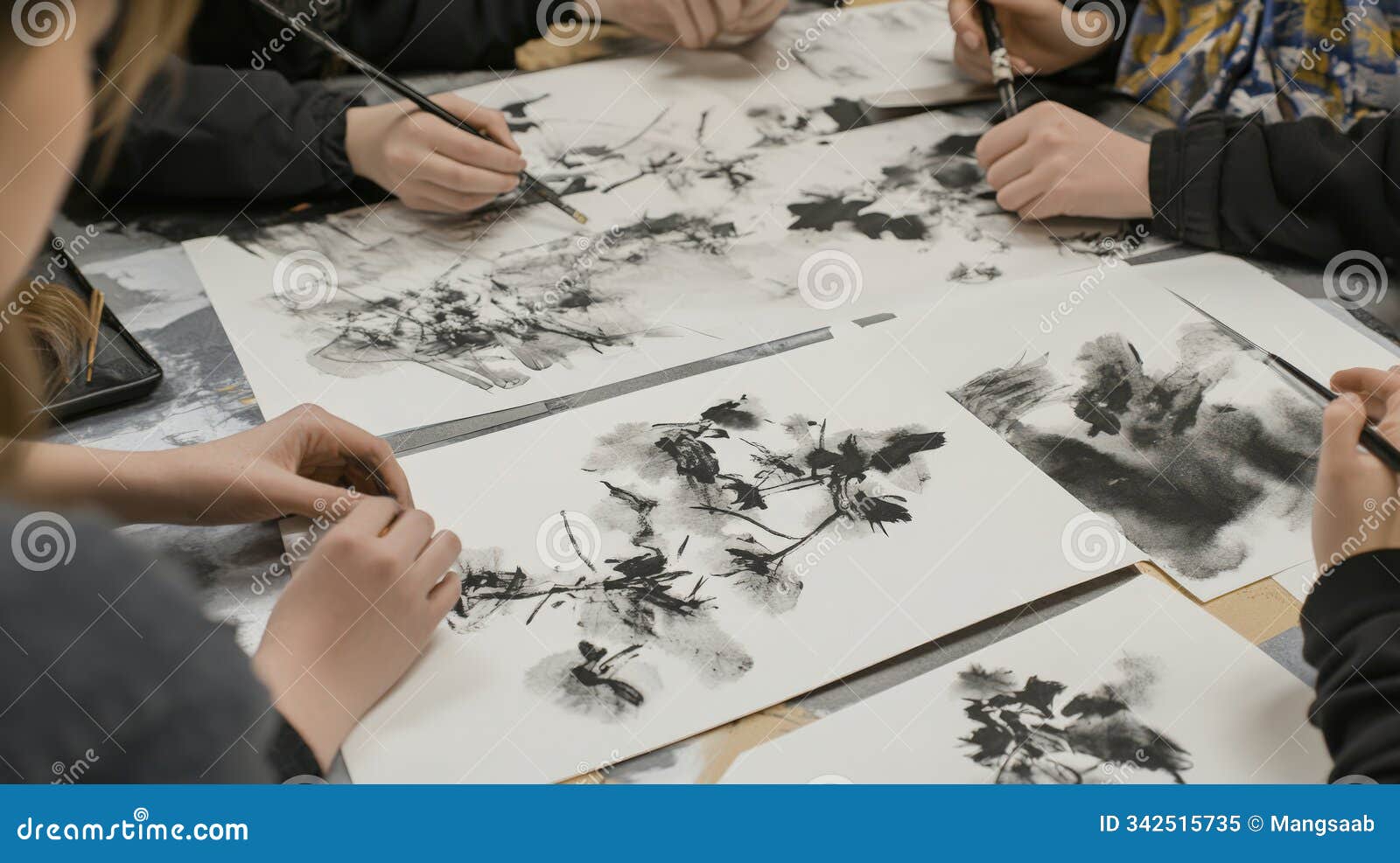 A Group of Art Students Learning the Techniques of Sumi-e, Their Papers ...