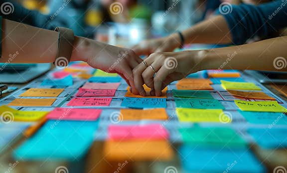 A Group of People are Sitting at a Table with Sticky Notes on it Stock ...