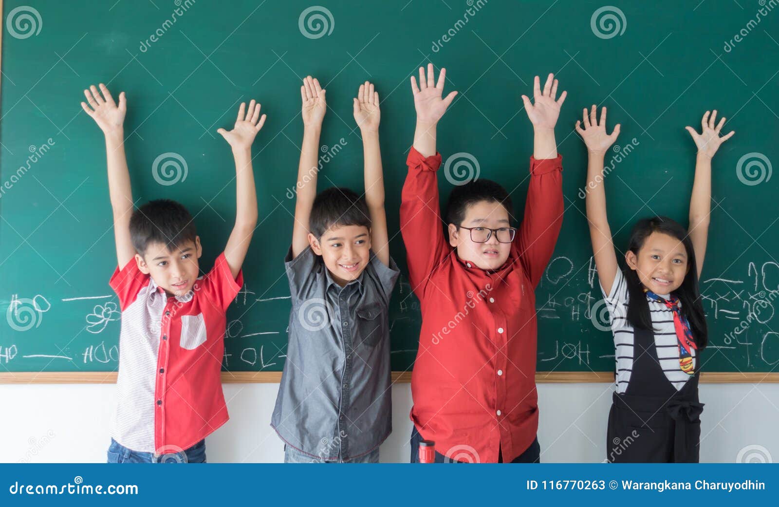 Group of Asian Student Hands Up on Blackboard Stock Image - Image of ...