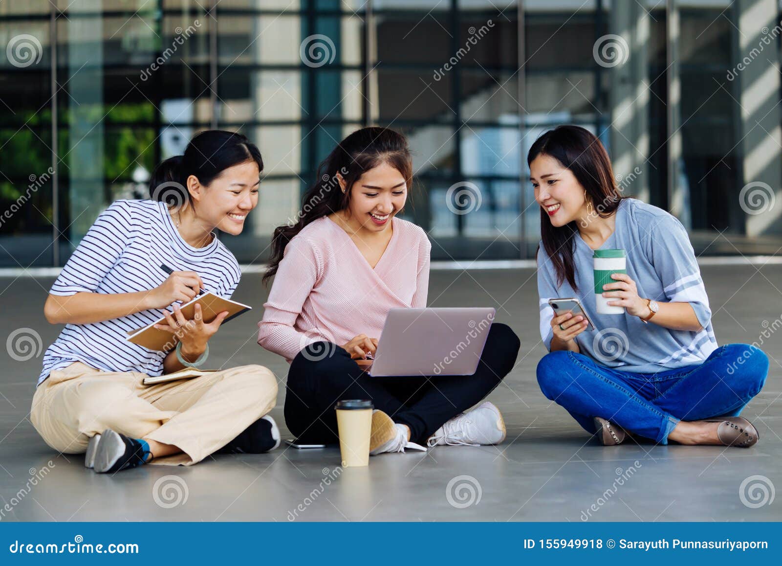 Group of Asian Students Studying on Laptop Sitting on Floor Stock Photo ...