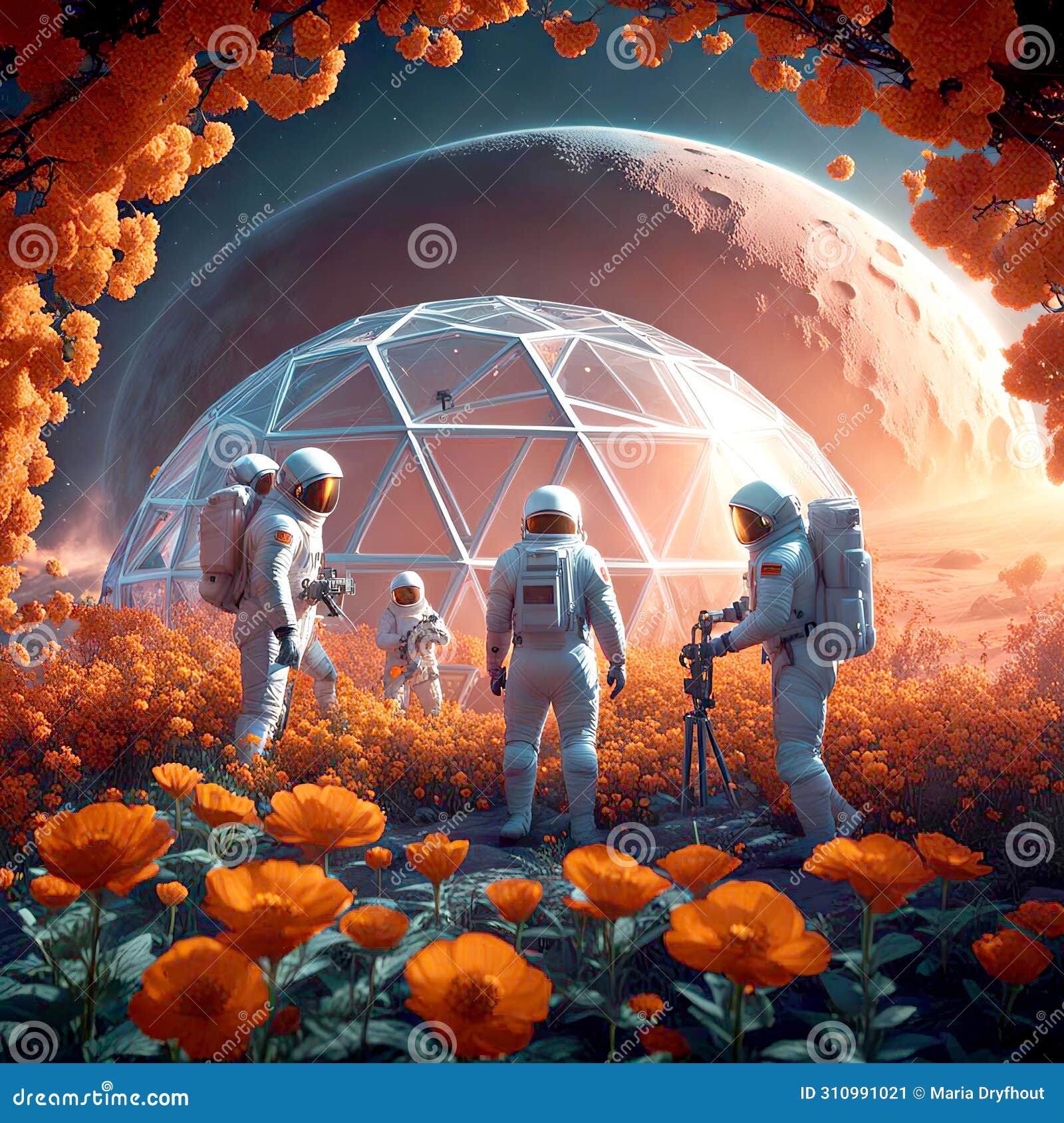 Astronauts Gardening on the Moon Stock Illustration - Illustration of ...