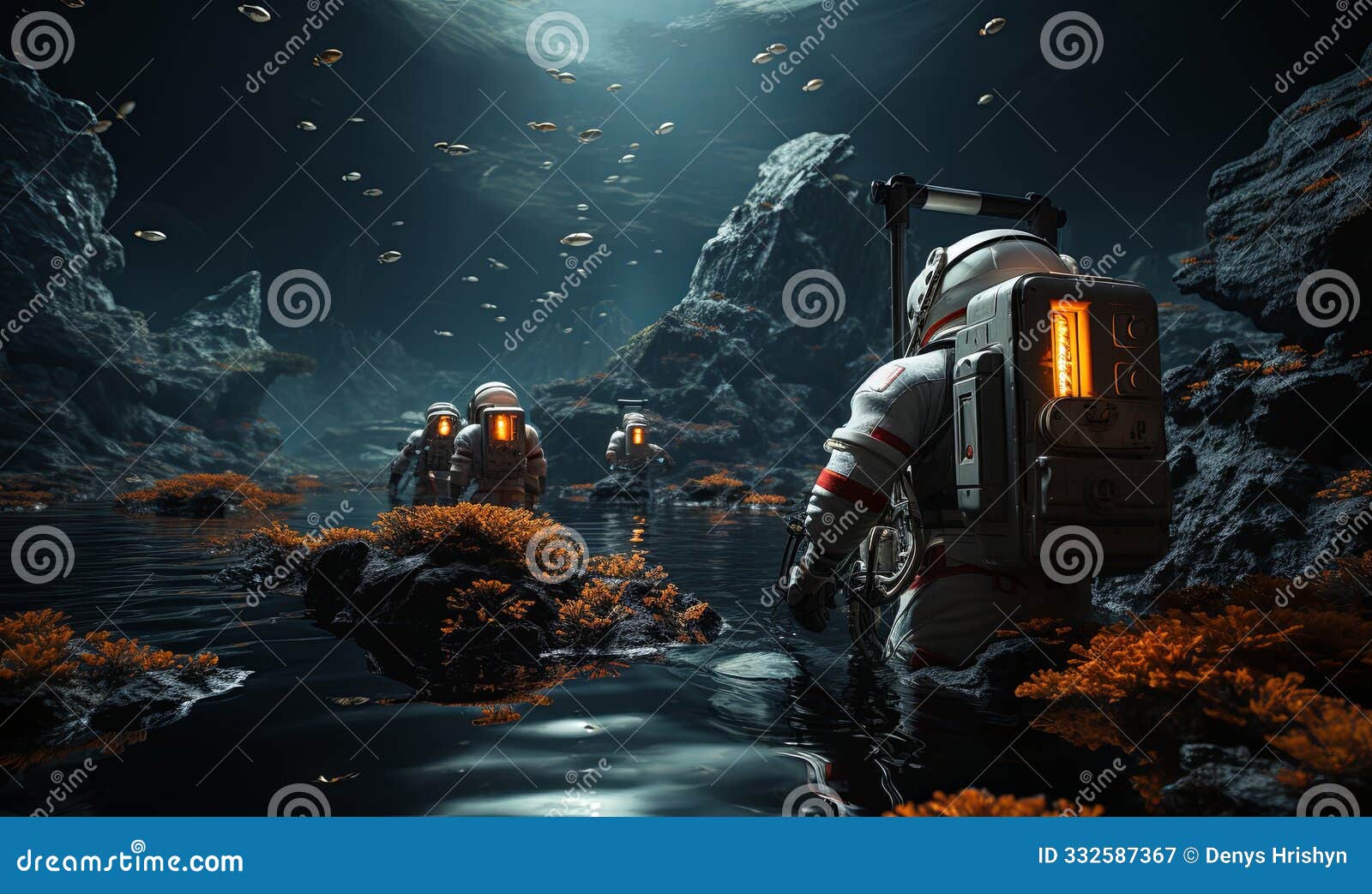 Group of Astronauts Exploring Underground Cave Stock Image - Image of ...