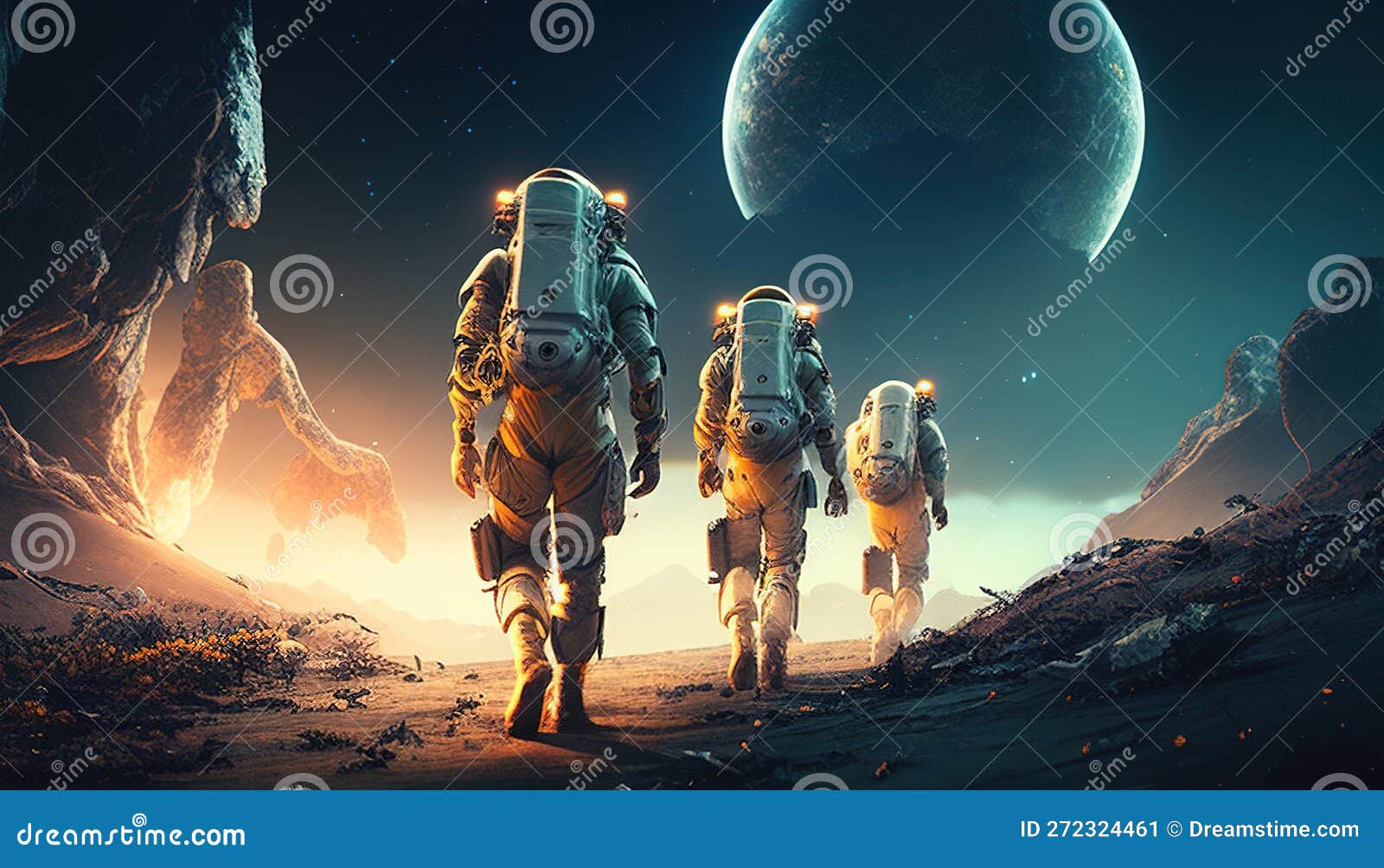 Group of Astronauts on a Mission To Explore Digital Art Illustration ...