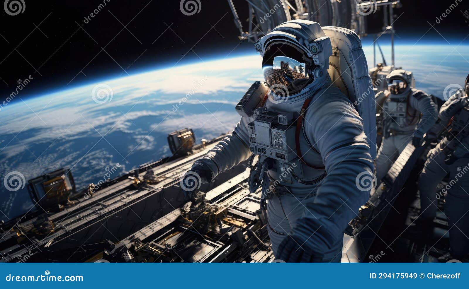 Group of Astronauts in Outer Space Stock Image - Image of satellite ...