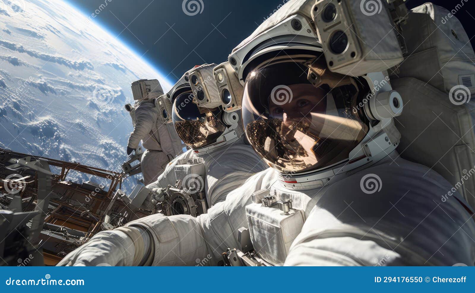 Group of Astronauts in Outer Space Stock Photo - Image of spacesuit ...