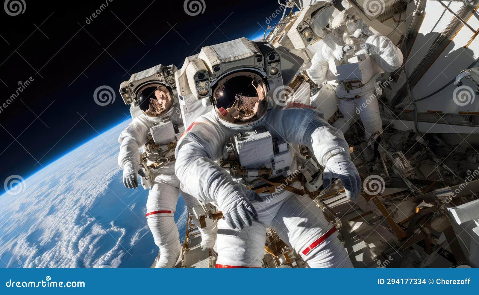 Group of Astronauts in Outer Space Stock Illustration - Illustration of ...