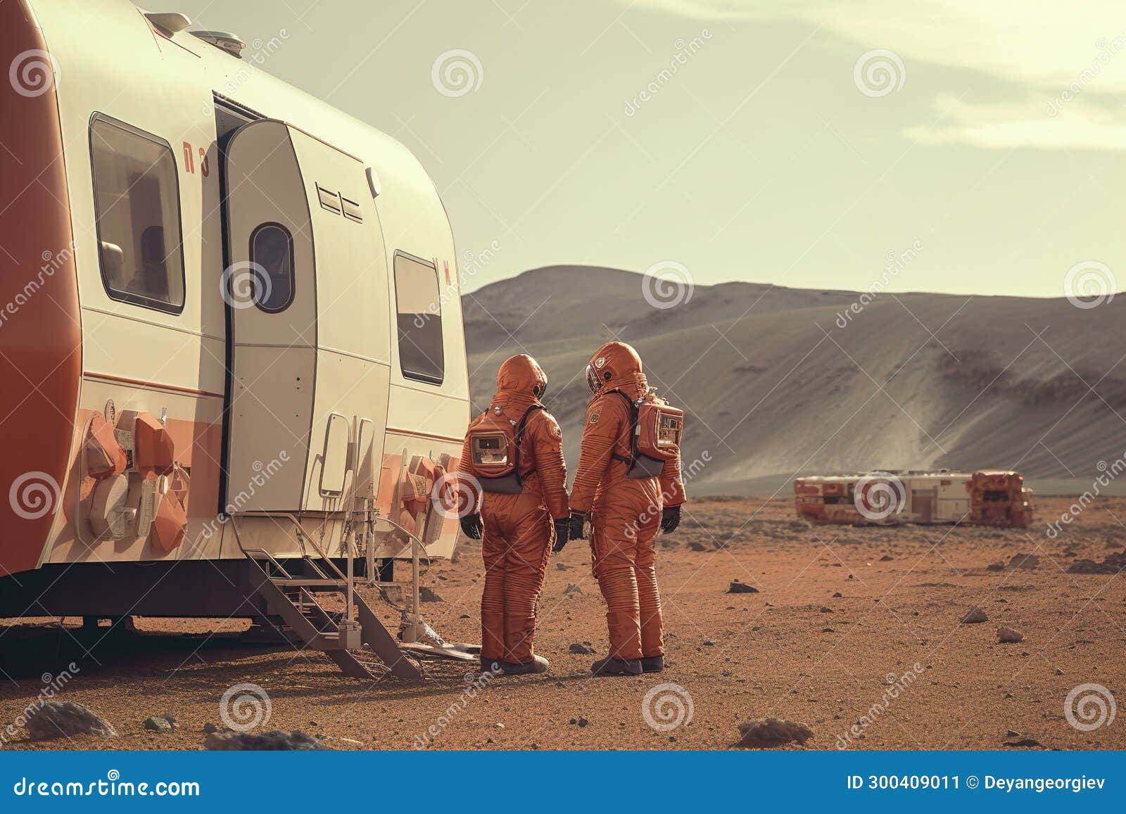 A Group of Astronauts Set Foot on Mars Next To a Technology Base Stock ...