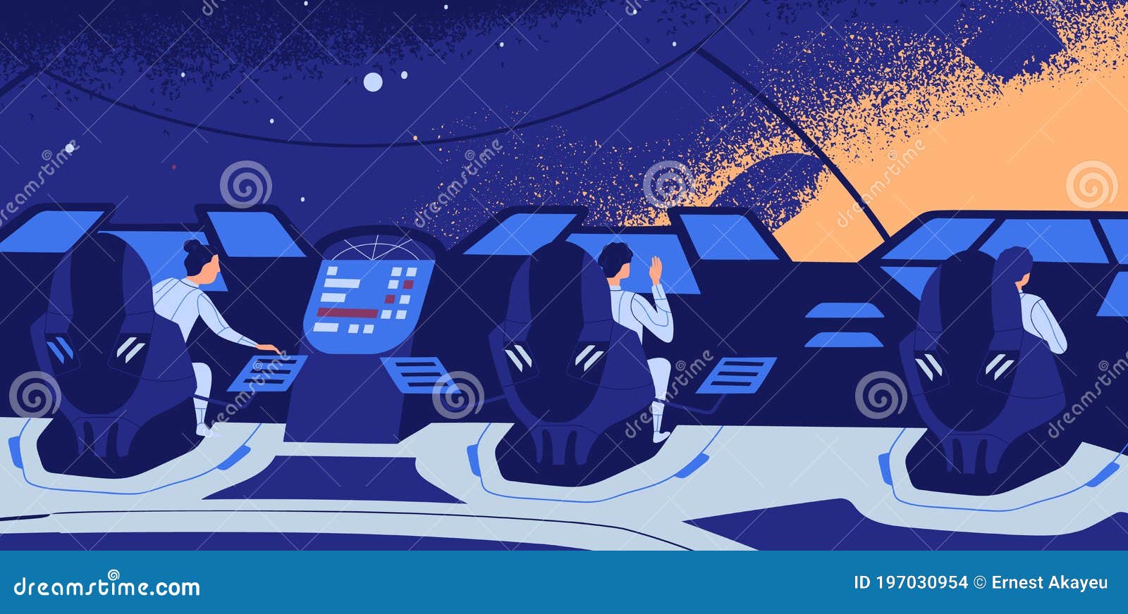 Group of Astronauts Sitting at Control Panel during Spaceflight Vector ...