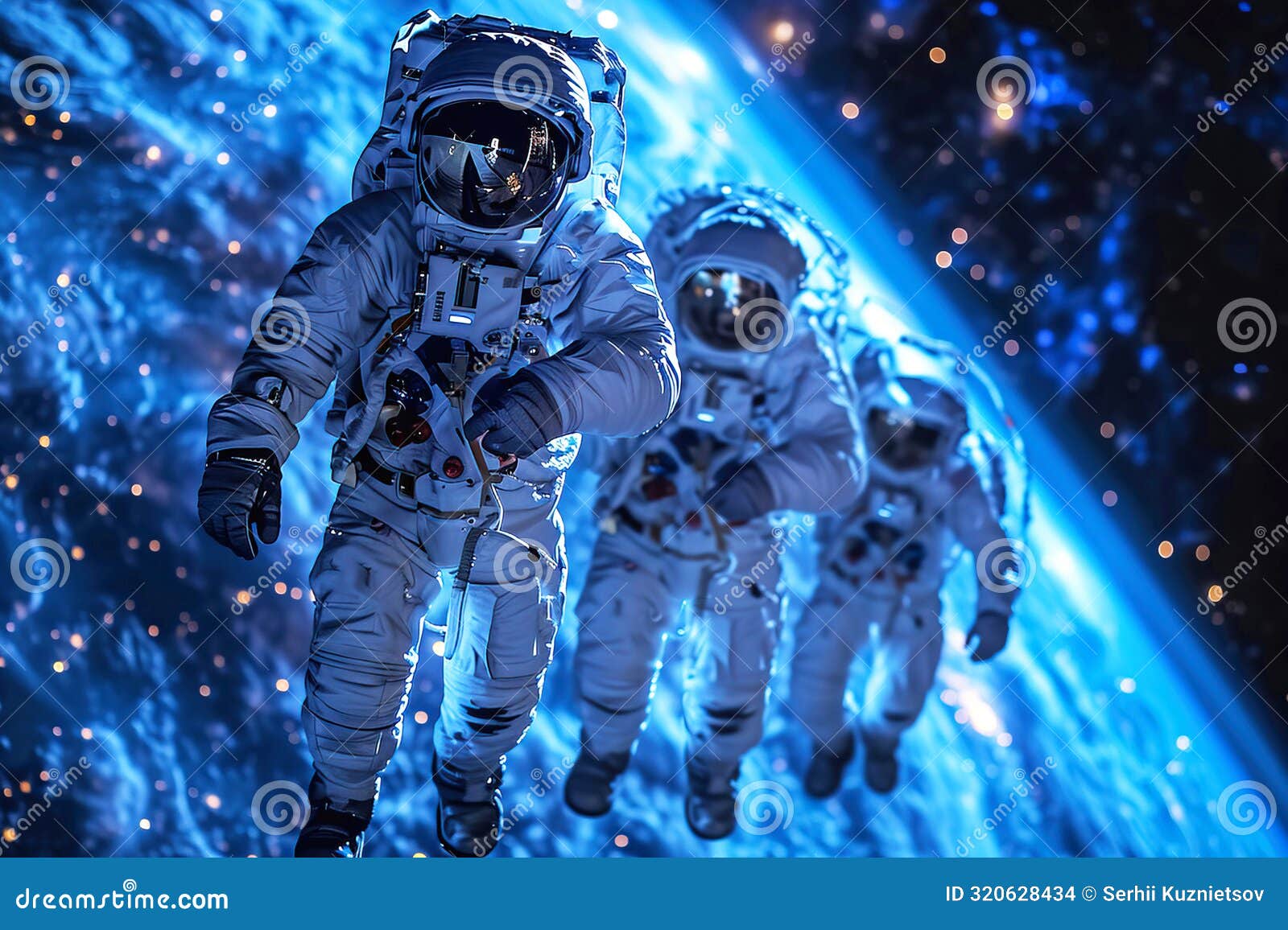 Group Astronauts in Spacesuit Hovers in Outer Space in Orbit Planet ...