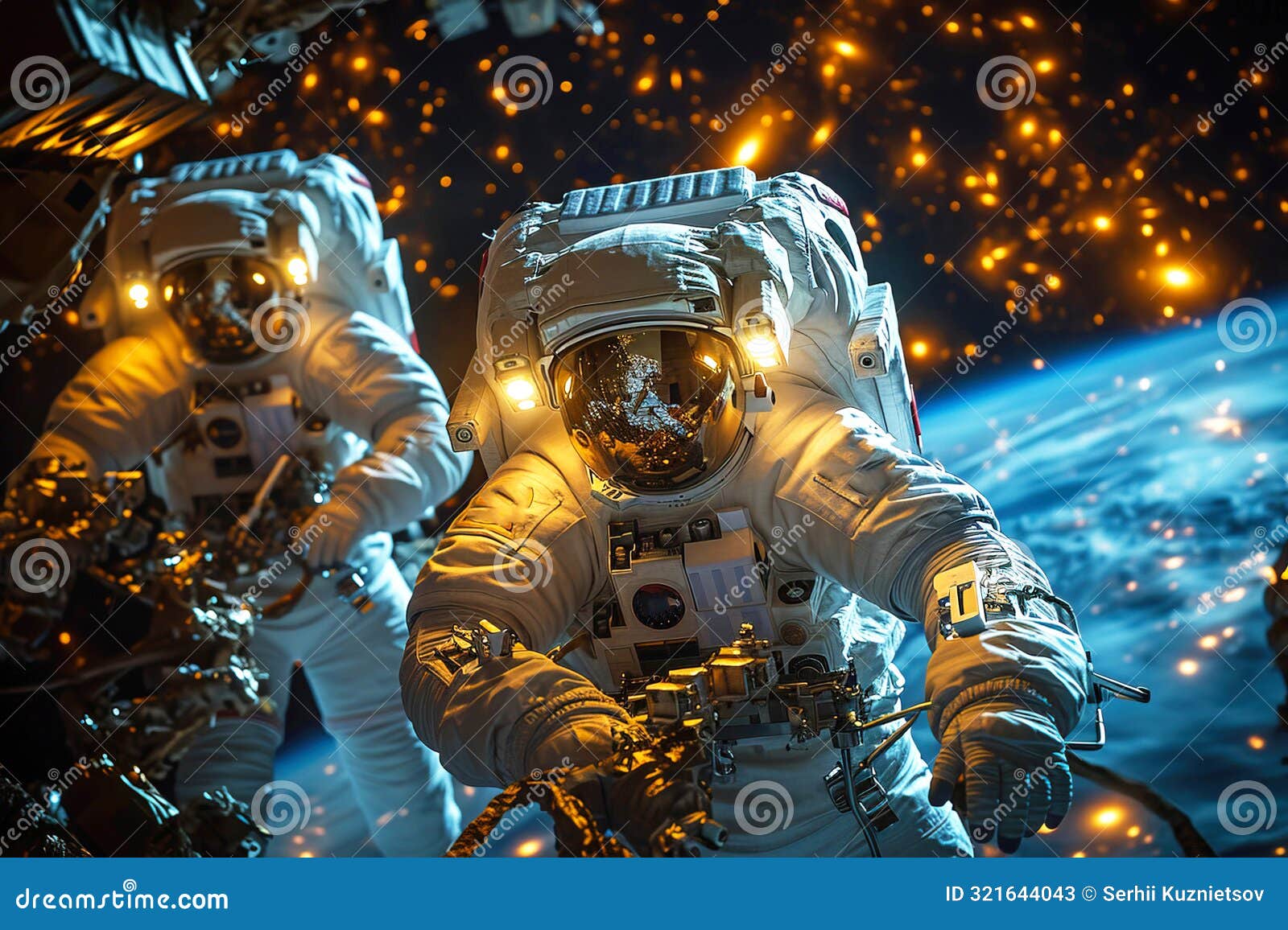 Group Astronauts in Spacesuit Hovers in Outer Space in Orbit Planet ...