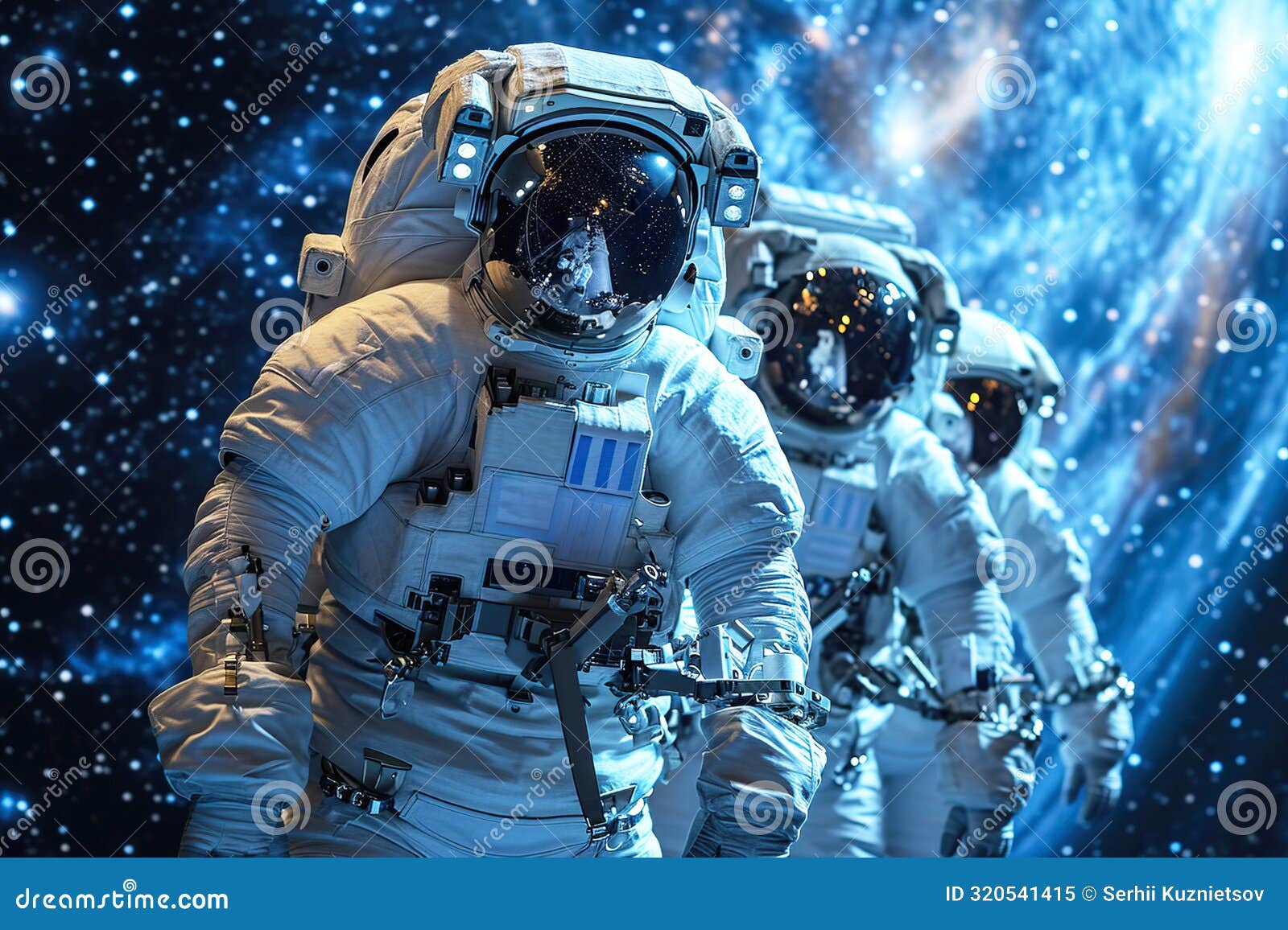 Group Astronauts in Spacesuit Hovers in Outer Space in Orbit Planet ...