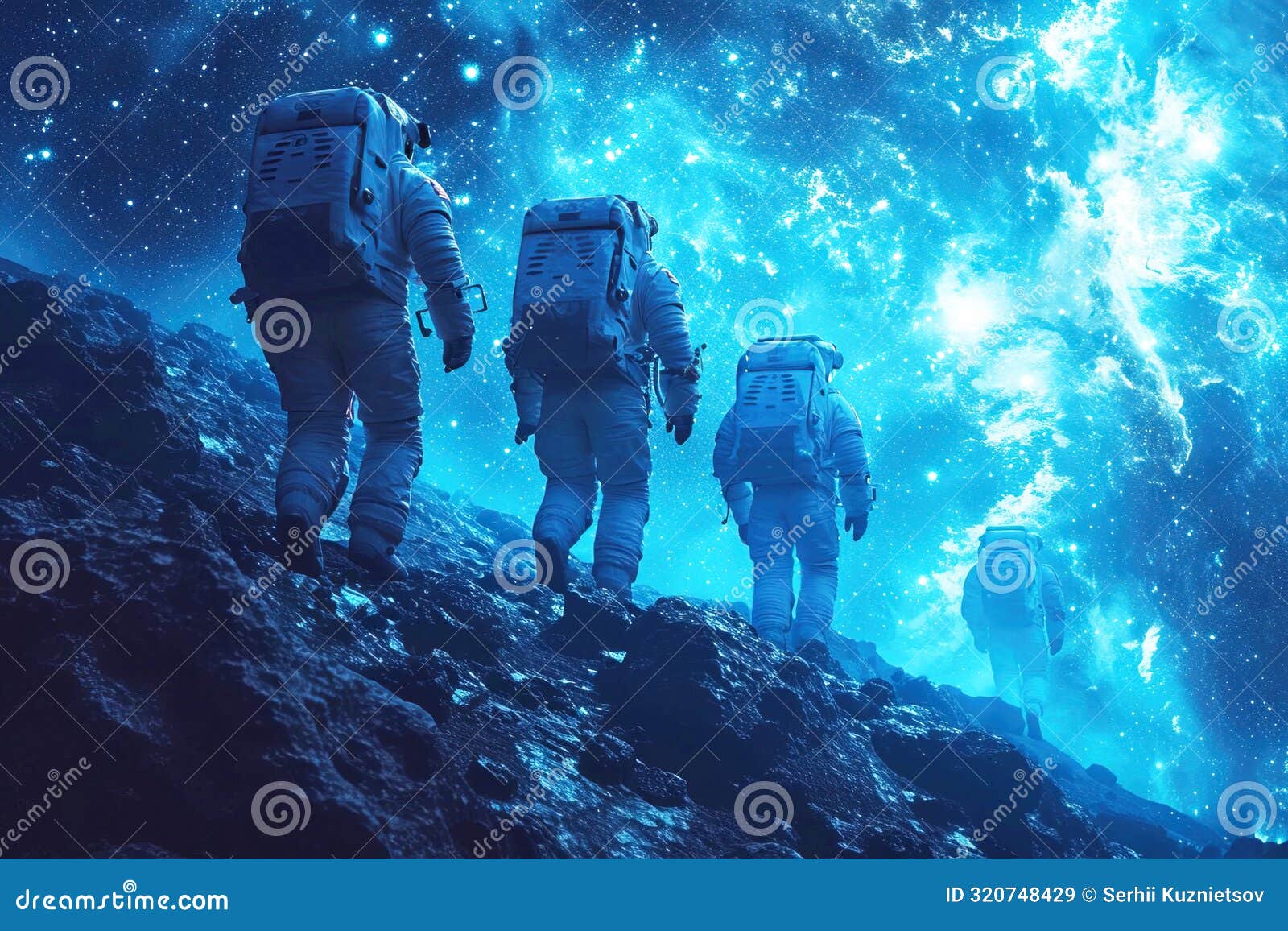 A Group Of Astronauts Are Walking Through A Long Space Station Stock ...