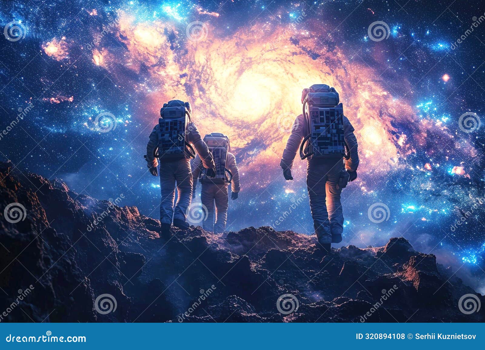 Group Astronauts in Spacesuit Hovers in Outer Space in Orbit Planet ...