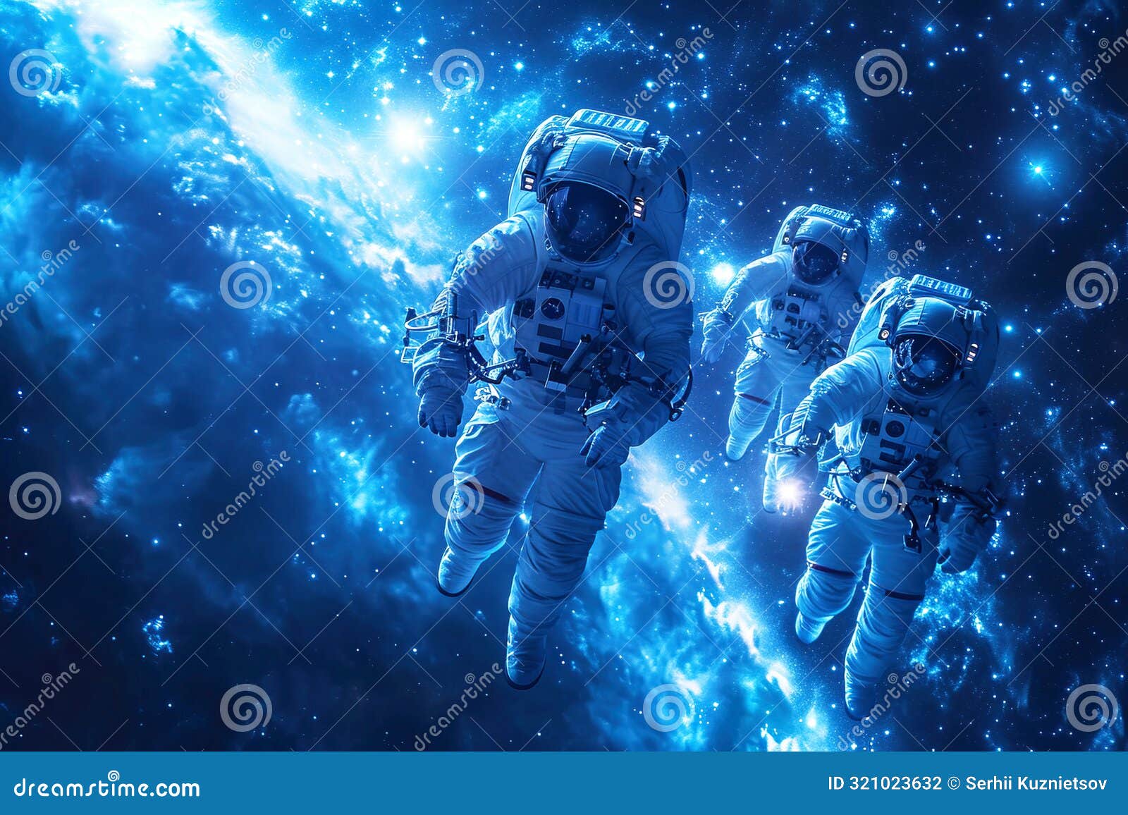 Group Astronauts in Spacesuit Hovers in Outer Space in Orbit Planet ...