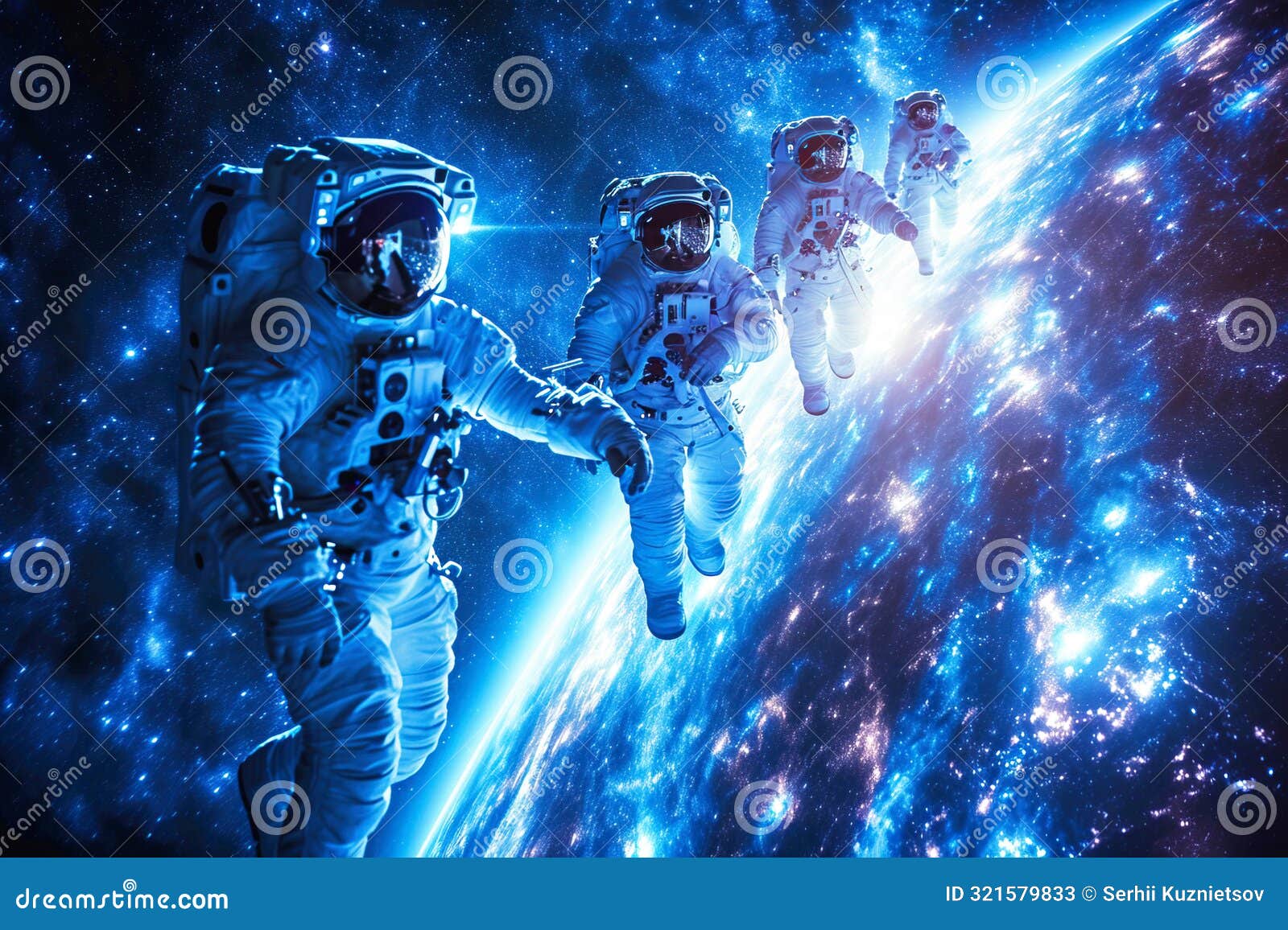 Group Astronauts in Spacesuit Hovers in Outer Space in Orbit Planet ...