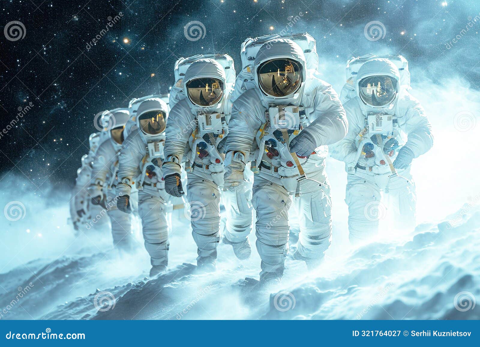 Group Astronauts in Spacesuit Hovers in Outer Space in Orbit Planet ...