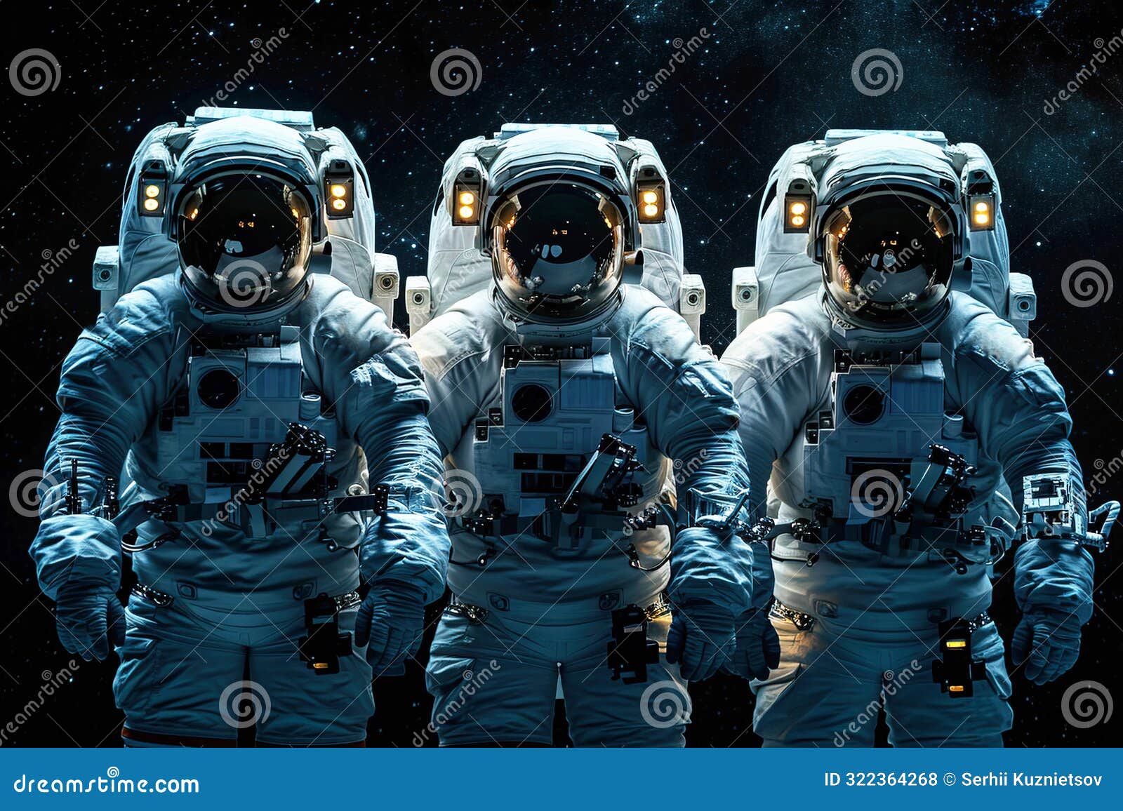 Group Astronauts in Spacesuit Hovers in Outer Space in Orbit Planet ...